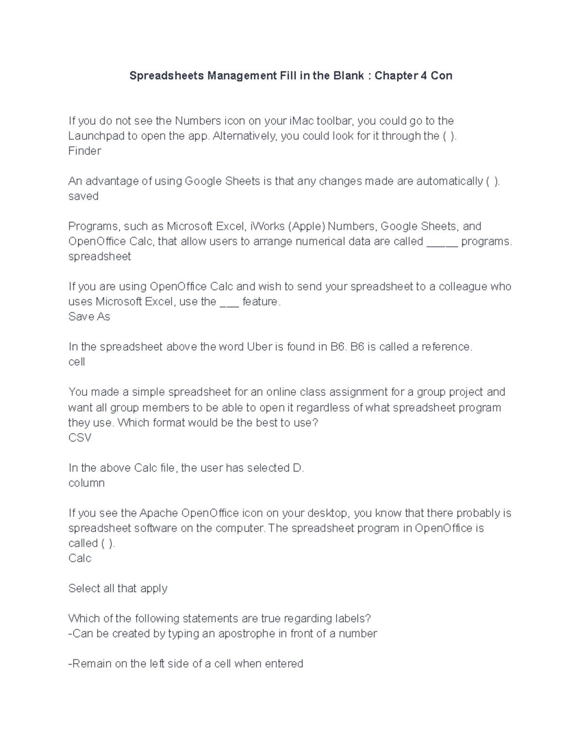 Spreadsheets Management Fill in the Blank Chapter 4 Con - Alternatively ...