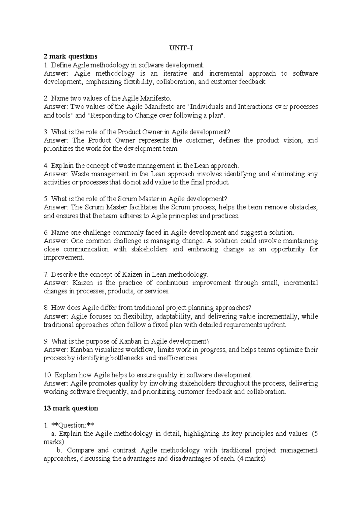 Agail Methodology (III Units Question Bank) - UNIT-I 2 mark questions ...