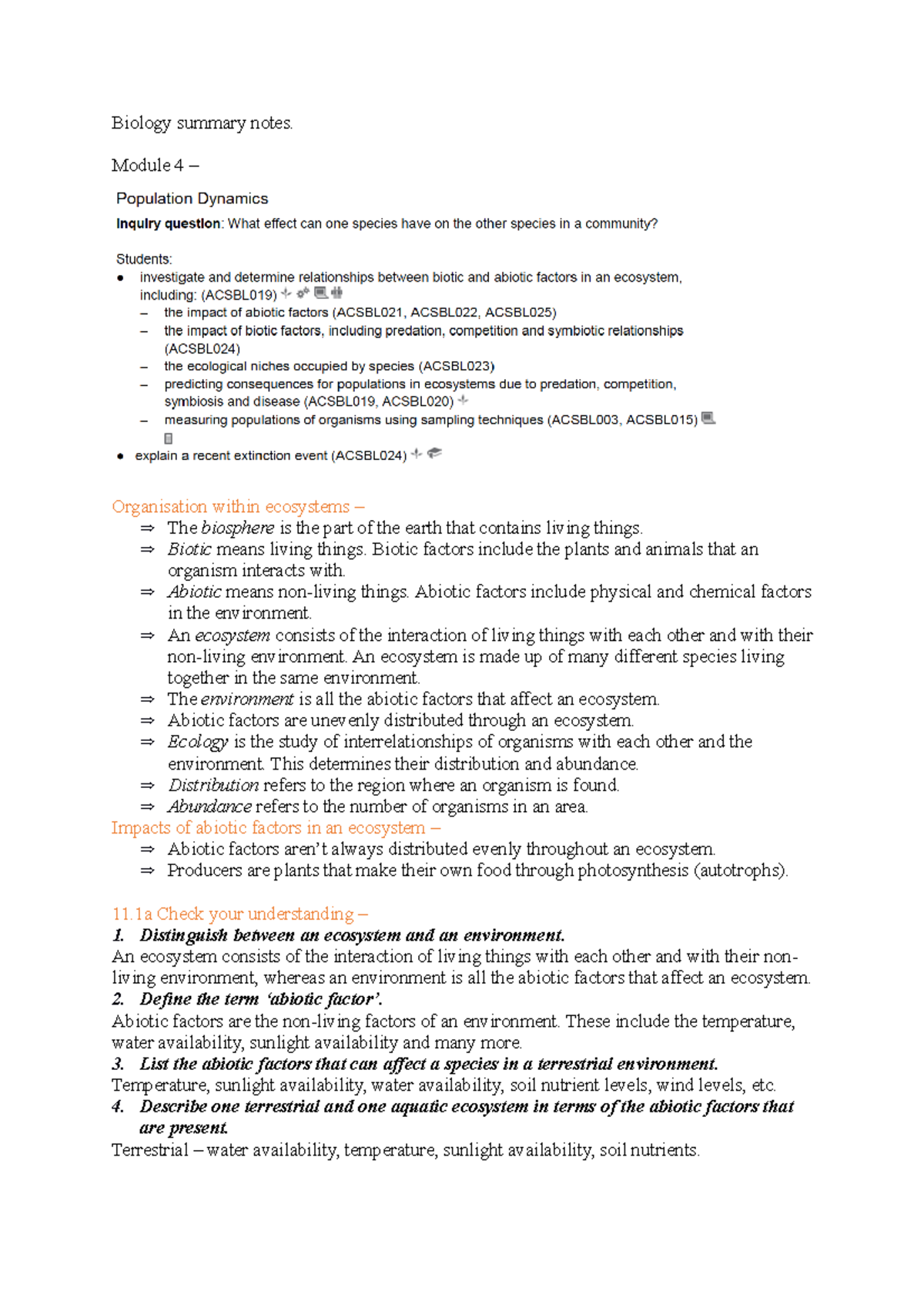 Biology notes (tb) - Biology summary notes. Module 4 – Organisation ...