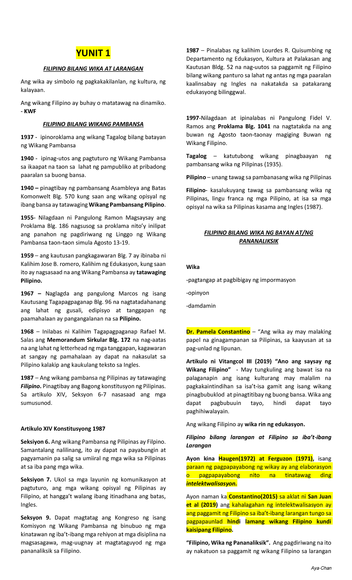 FILI- Reviewer - YUNIT 1 FILIPINO BILANG WIKA AT LARANGAN Ang wika ay simbolo ng pagkakakilanlan ...