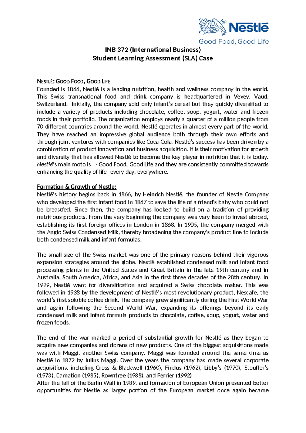 INB 372 SLA CASE - INB 372 (International Business) Student Learning ...