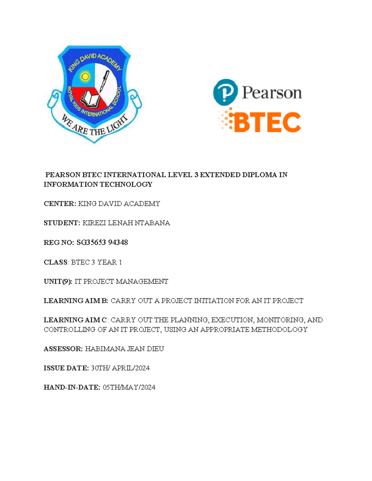 Kirezi lenah - IT project Management - BC - PEARSON BTEC INTERNATIONAL ...