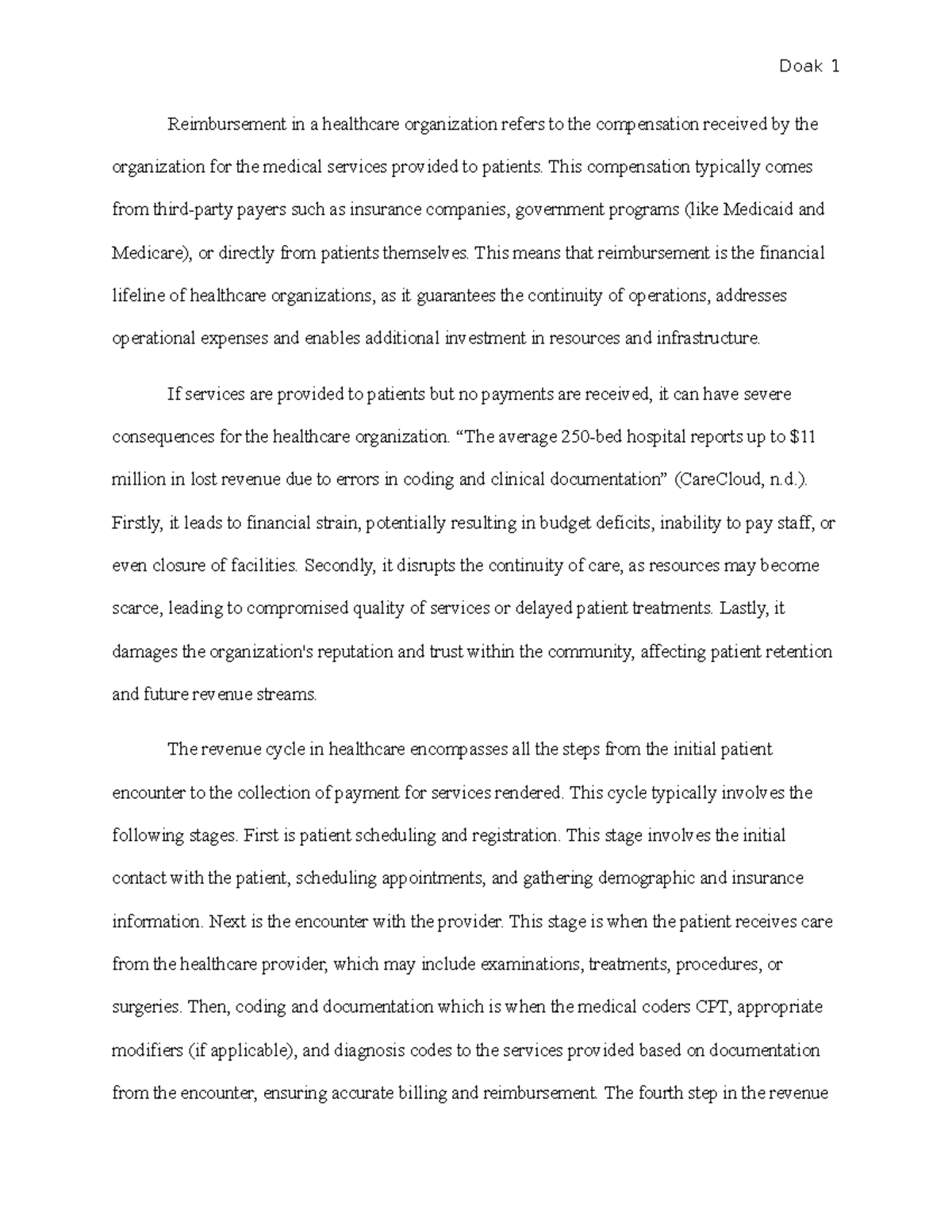 HCM 345 Milestone One - assignment - Reimbursement in a healthcare ...