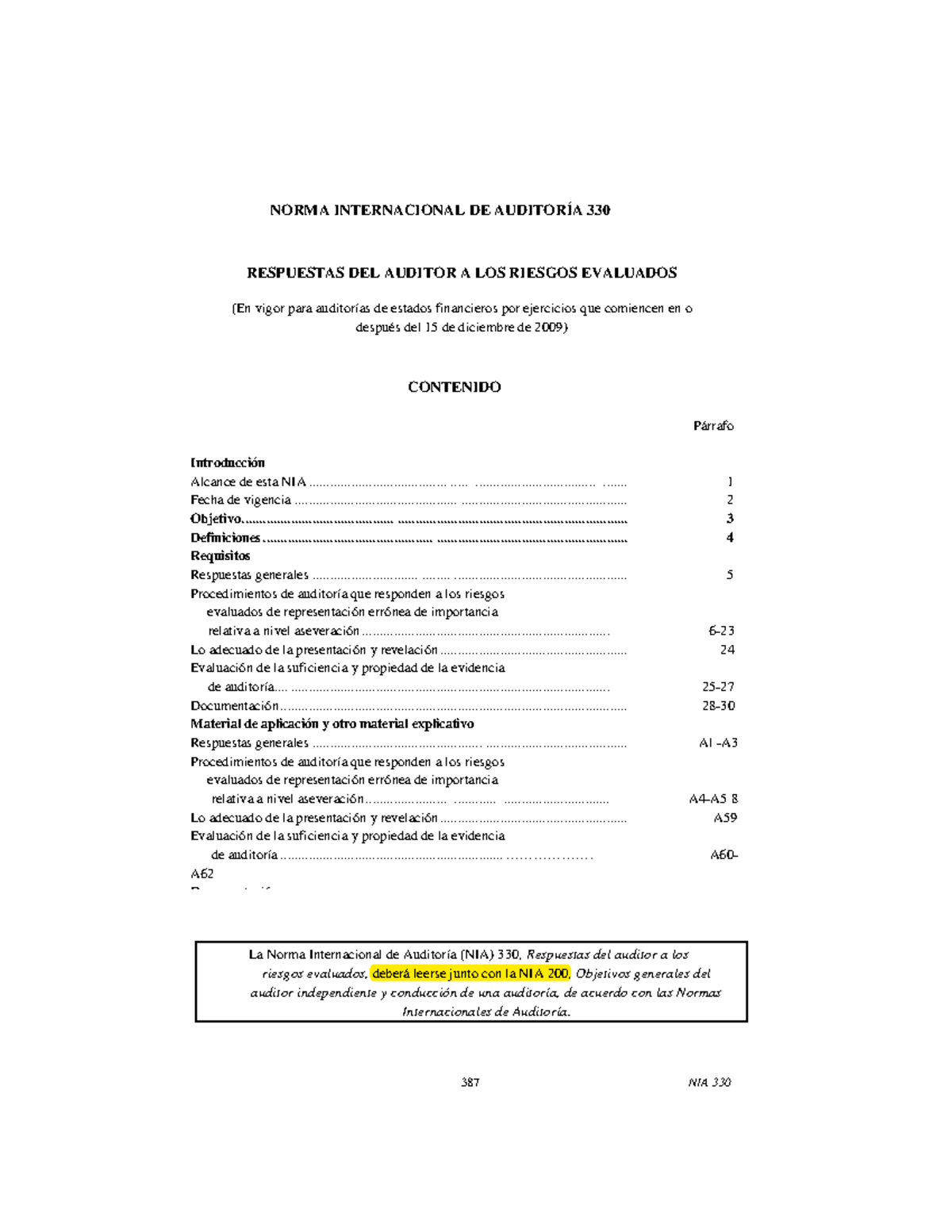 NIA 330 - nia - NORMA INTERNACIONAL DE AUDITORÍA 330 RESPUESTAS DEL ...