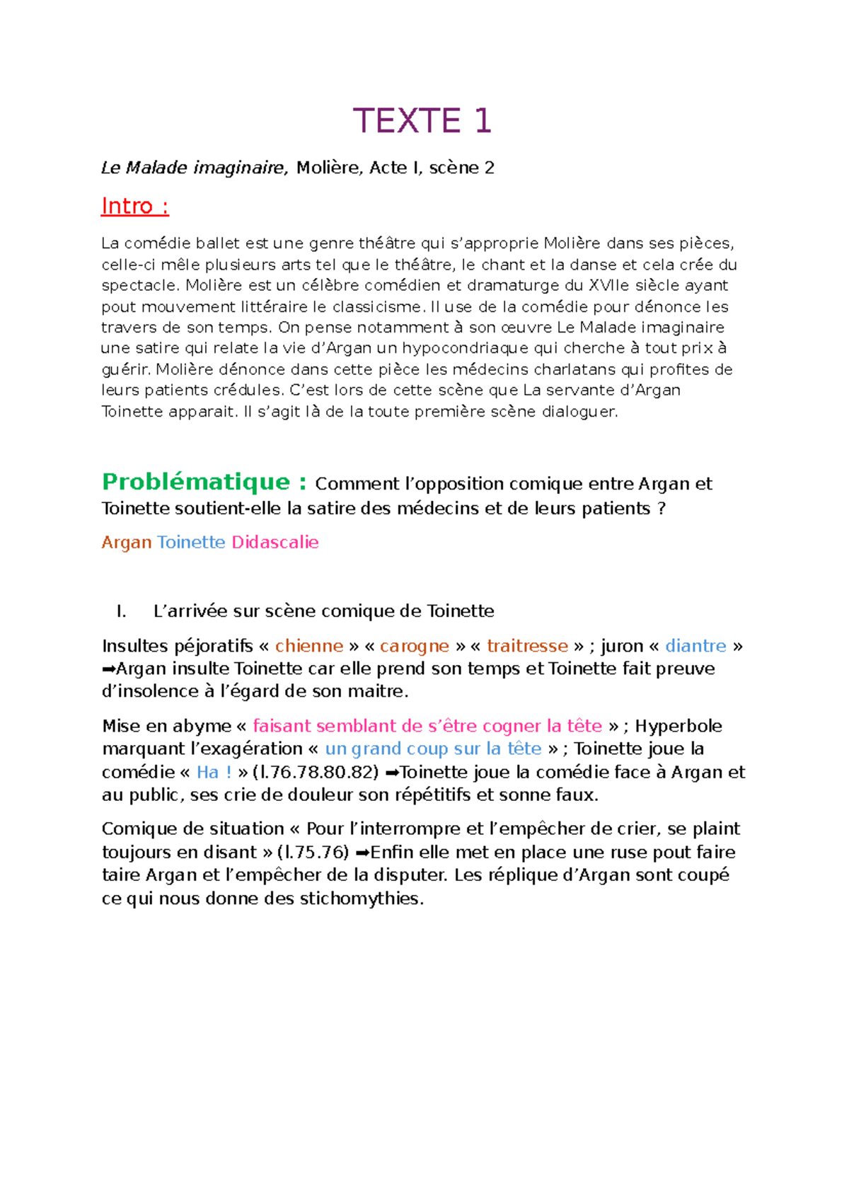Analyse linéaire sur L'acte I scene 2 du "Malade imaginaire" de Molière - TEXTE 1 Le Malade ...