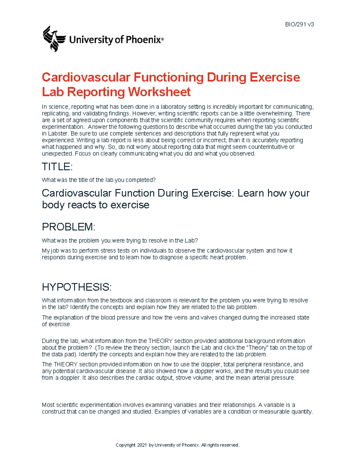 WEEK 2 LAB Report - BIO/291 v Cardiovascular Functioning During Exercise Lab Reporting Worksheet ...