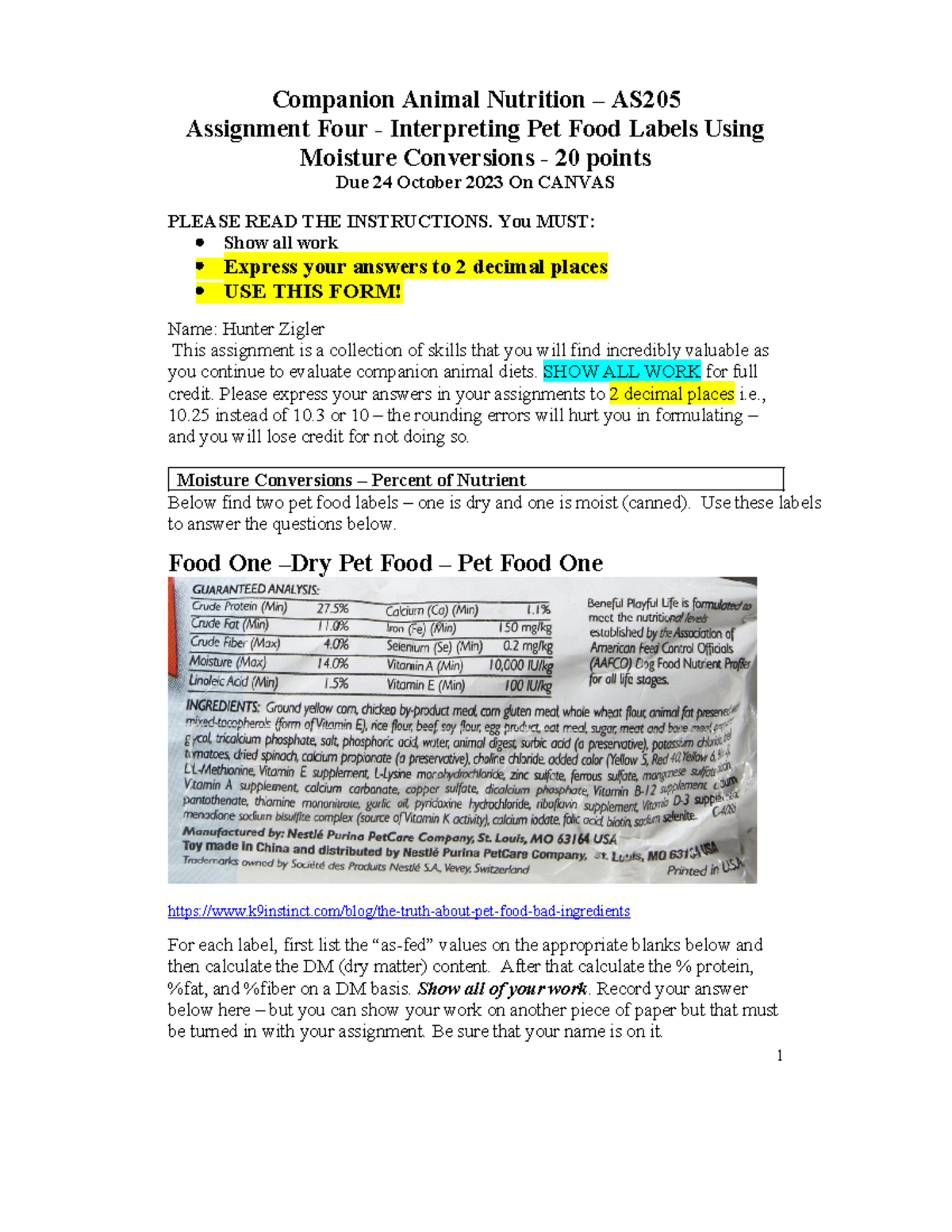 Assignment Four - Moisture Conversions - Companion Animal Nutrition ...