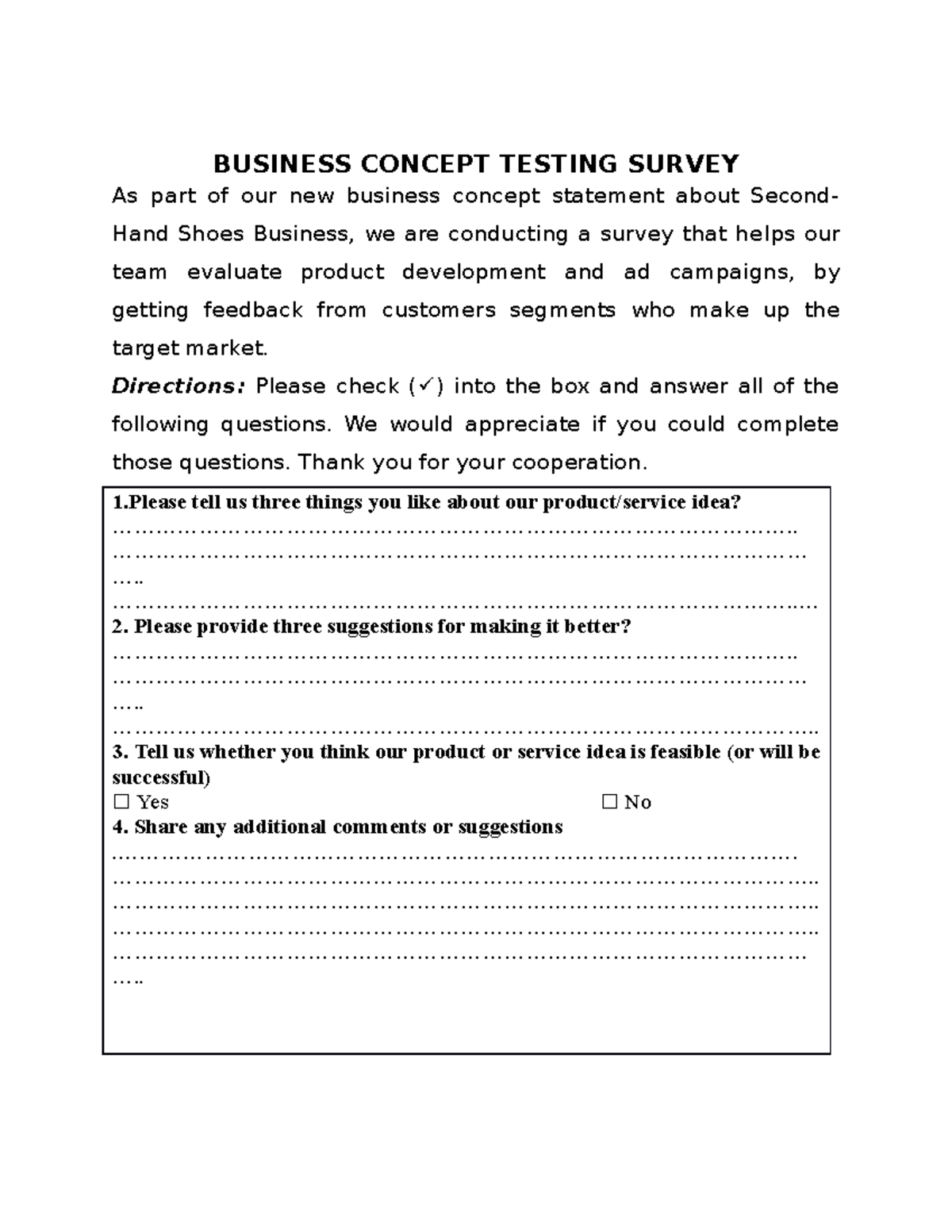 Concept Statement Survey - BUSINESS CONCEPT TESTING SURVEY As part of ...
