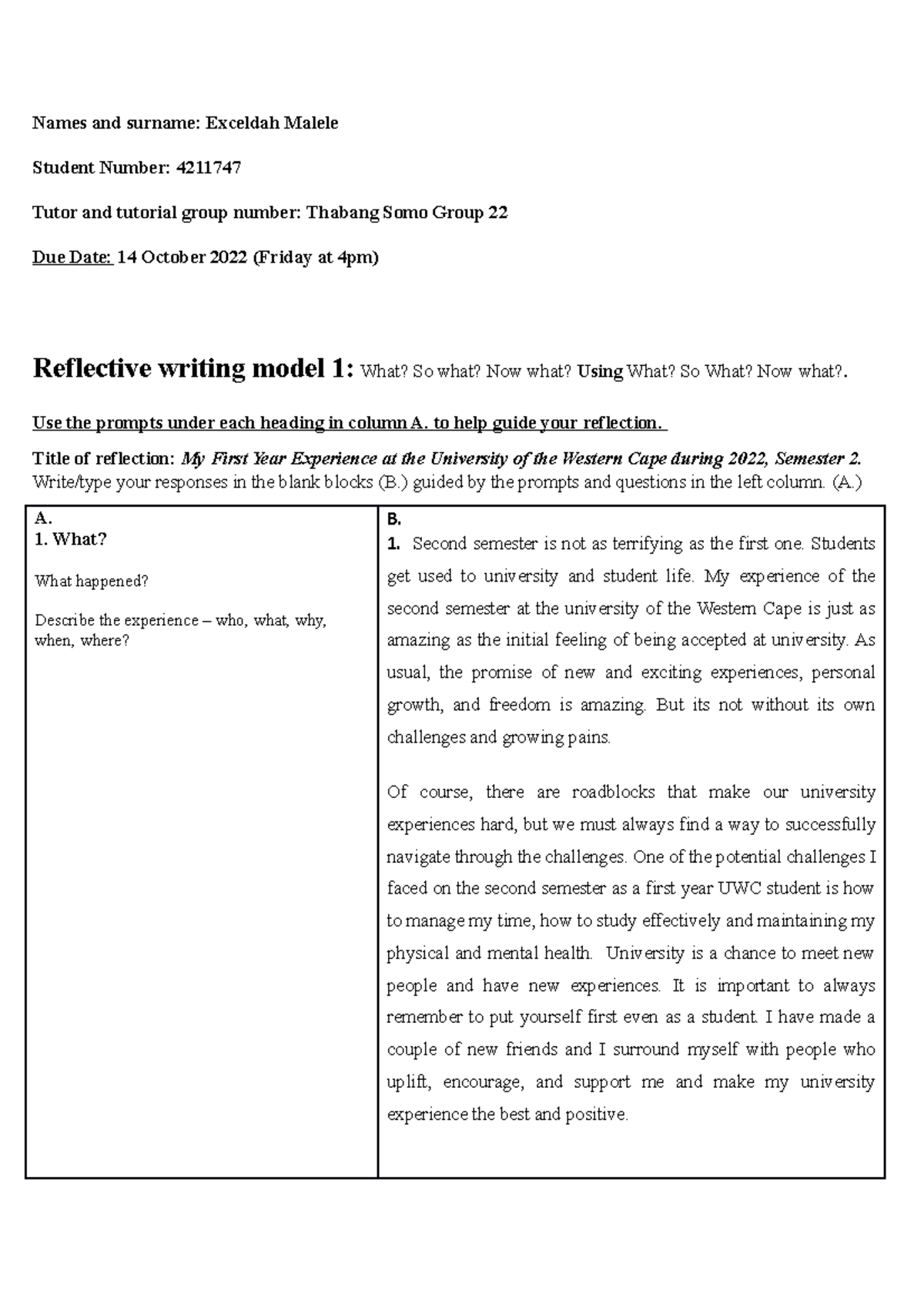 Reflective Writing Task 1 and 2 Semester 2 2022 - Names and surname ...