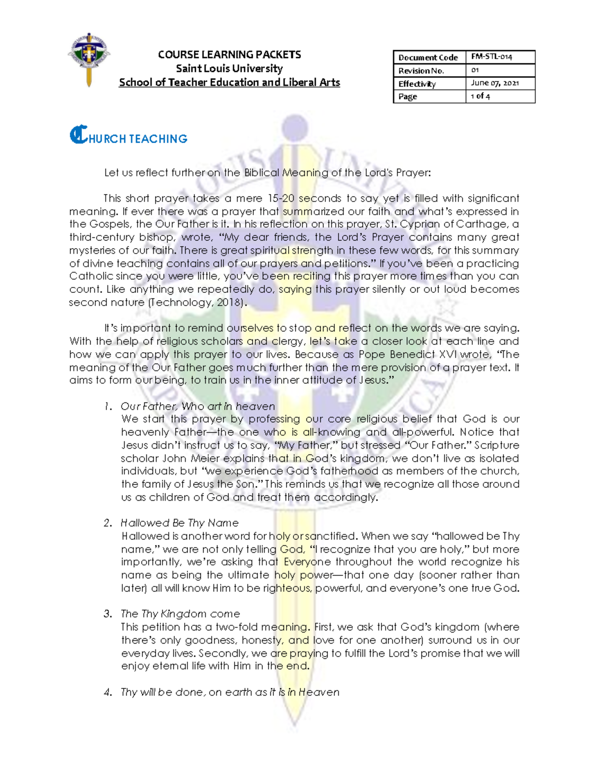CFE 103 Module 2, Lesson 2 Church Teaching - Revision No. 01 ...