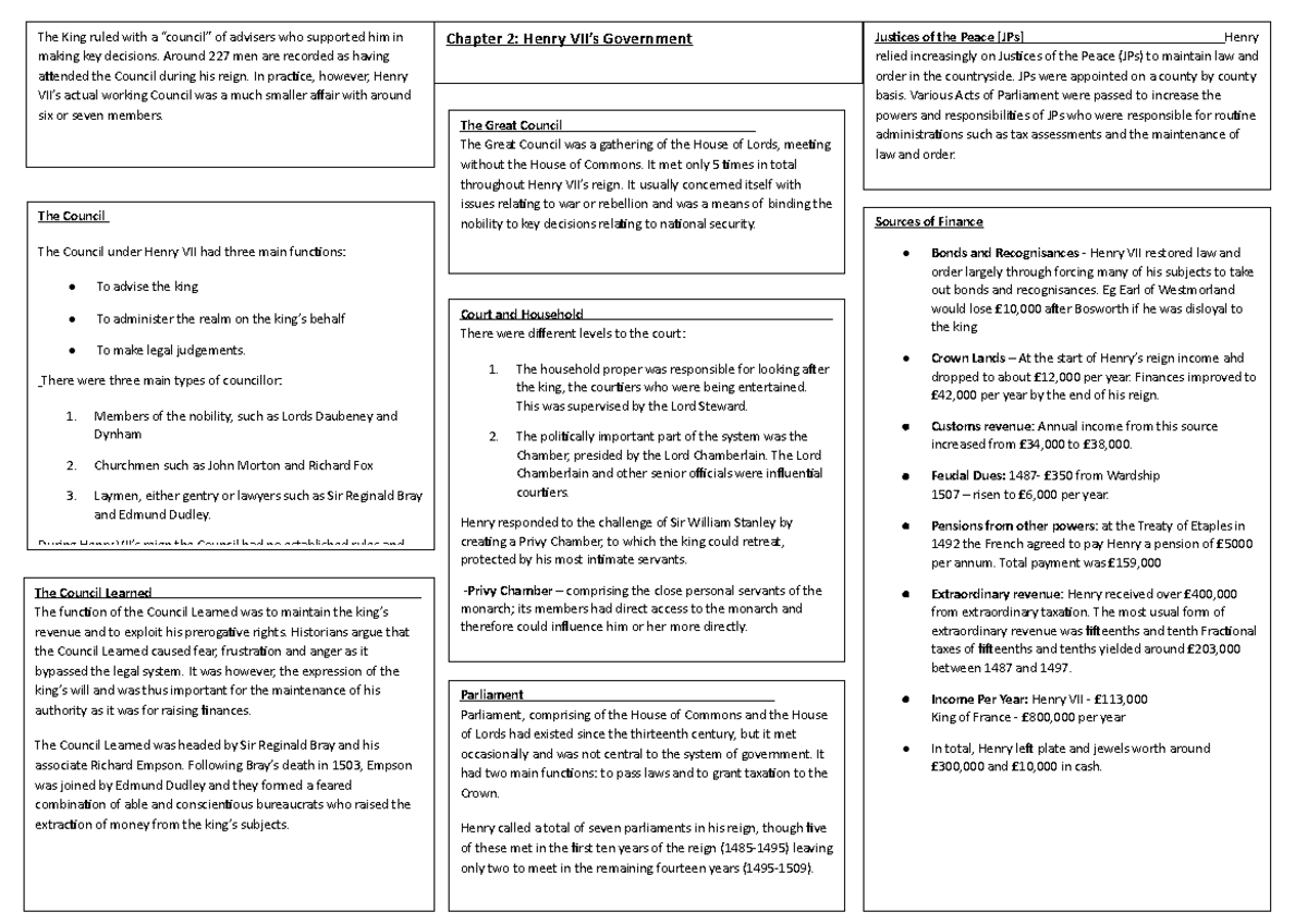 Chapter 2 Henry VII's Government - The King ruled with a of advisers ...