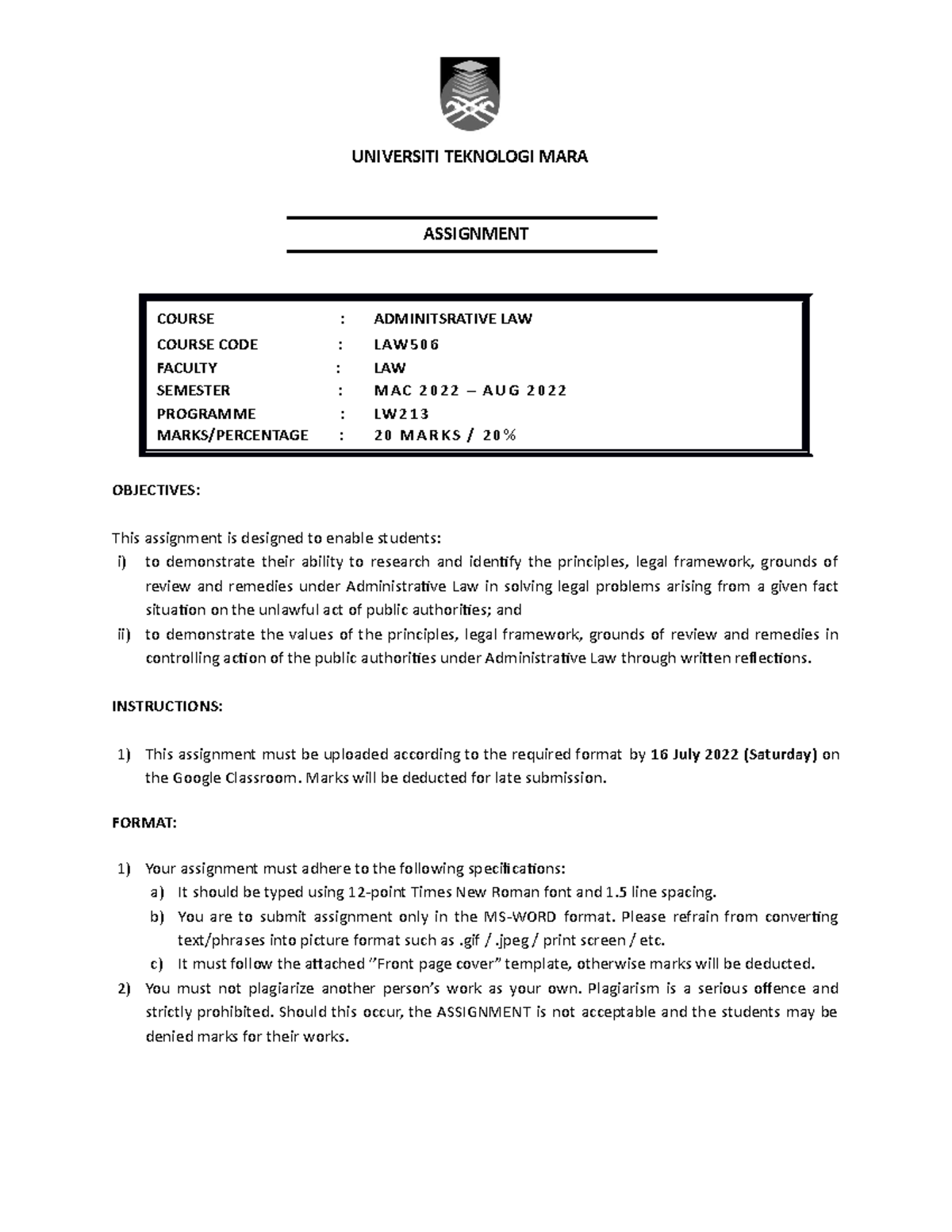 Assignment LAW506 Sem Mac 2022 - UNIVERSITI TEKNOLOGI MARA ASSIGNMENT ...