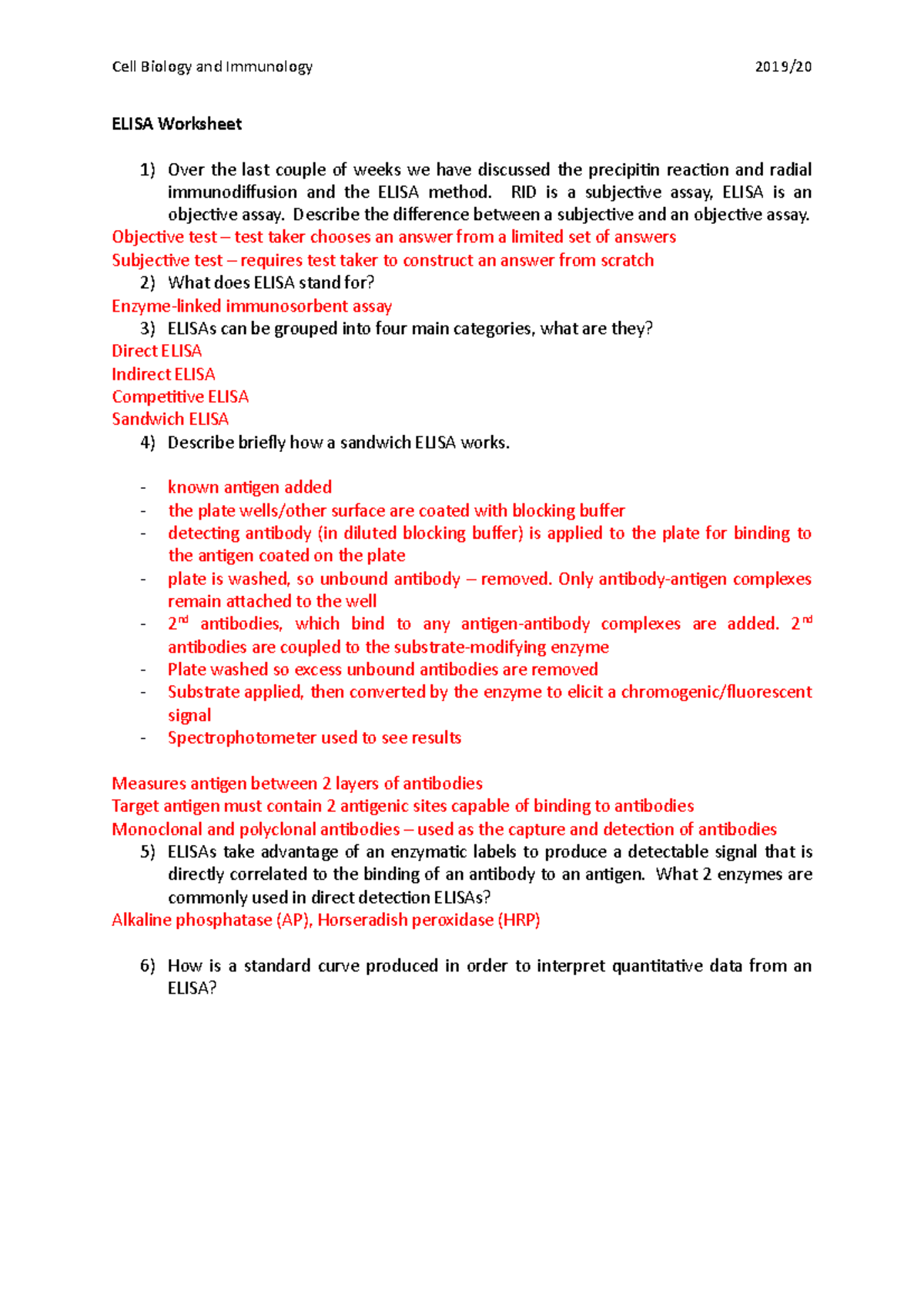 ELISA Worksheet - Cell Biology and Immunology 2019/ ELISA Worksheet ...