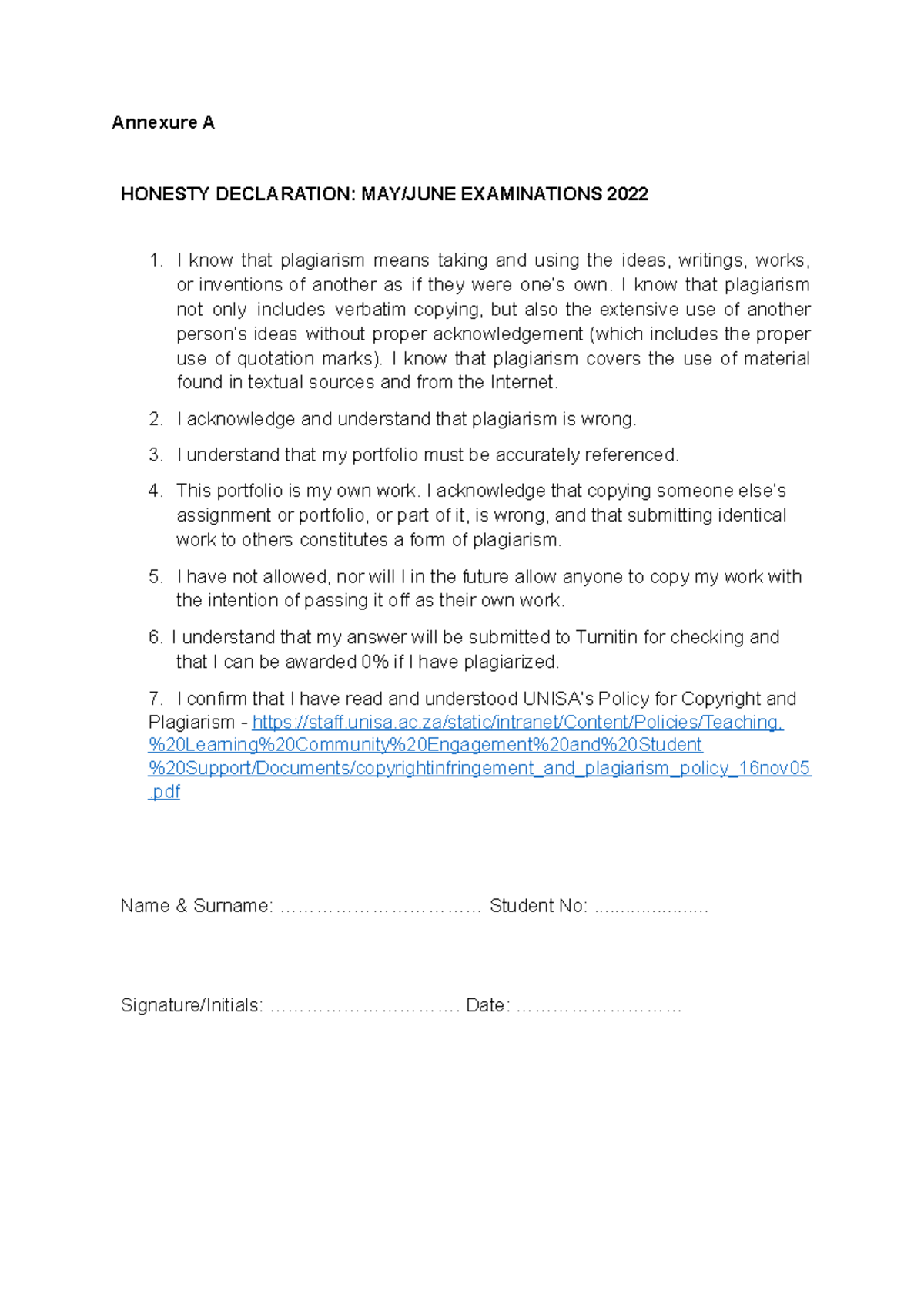 Honesty Declaration MAY JUNE Examinations 2022 - Annexure A HONESTY ...