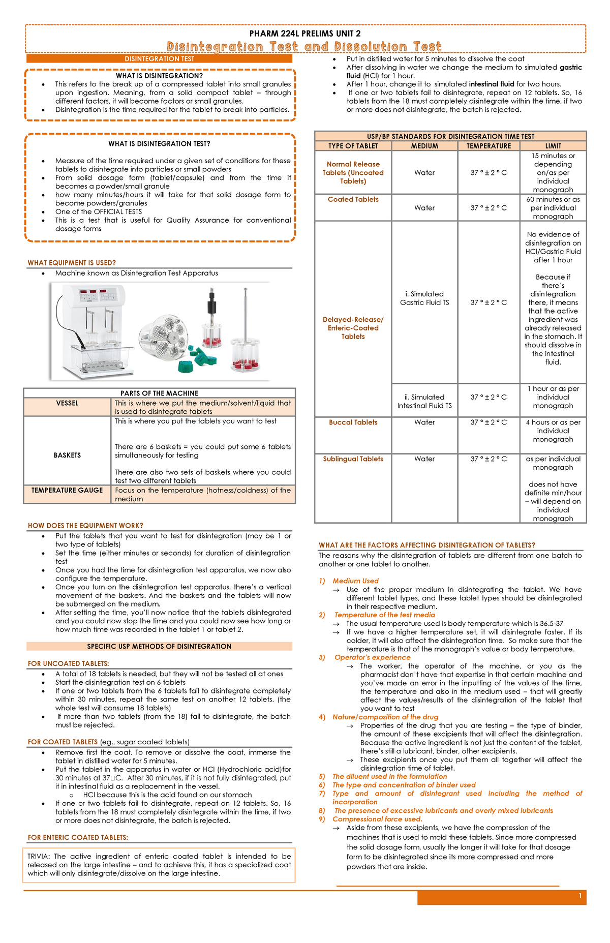 Disintegration AND Dissolution TEST - PHARM 224L PRELIMS UNIT 2 1 ...
