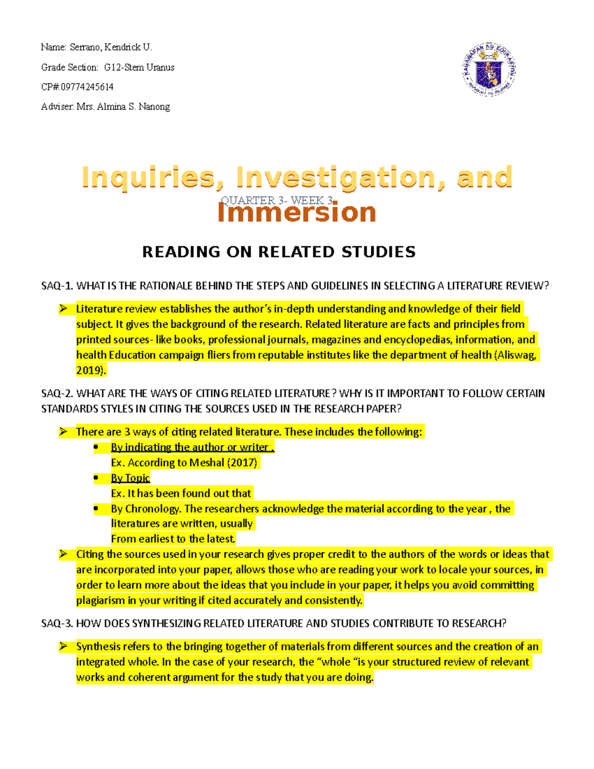 3III - immersion - Name: Serrano, Kendrick U. Grade Section: G12-Stem ...