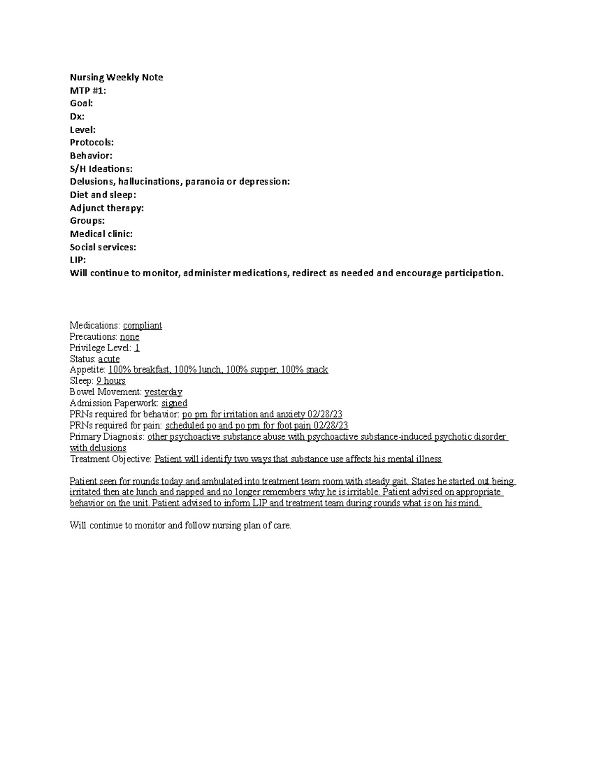 Rounds Template - n/a - Nursing Weekly Note MTP #1: Goal: Dx: Level ...