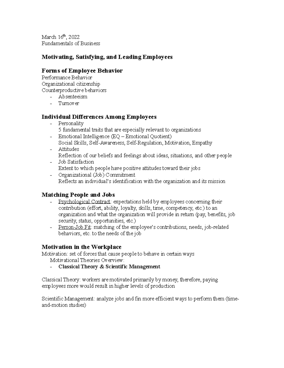 Chapter 9 - March 16th, 2022 Fundamentals of Business Motivating ...