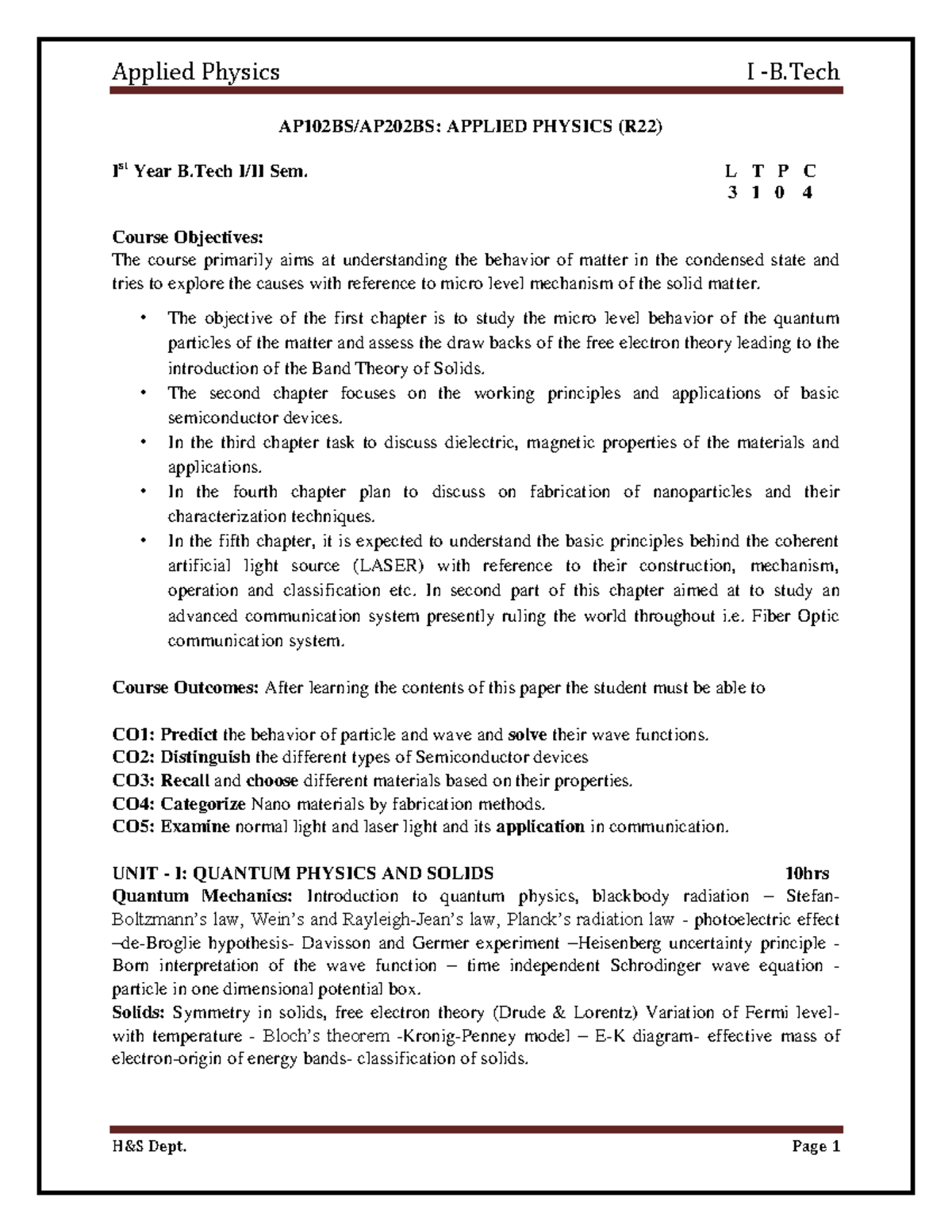 R22- AP material - AP102BS/AP202BS: APPLIED PHYSICS (R22) Ist Year B I/II Sem. L T P C 3 1 0 4 ...