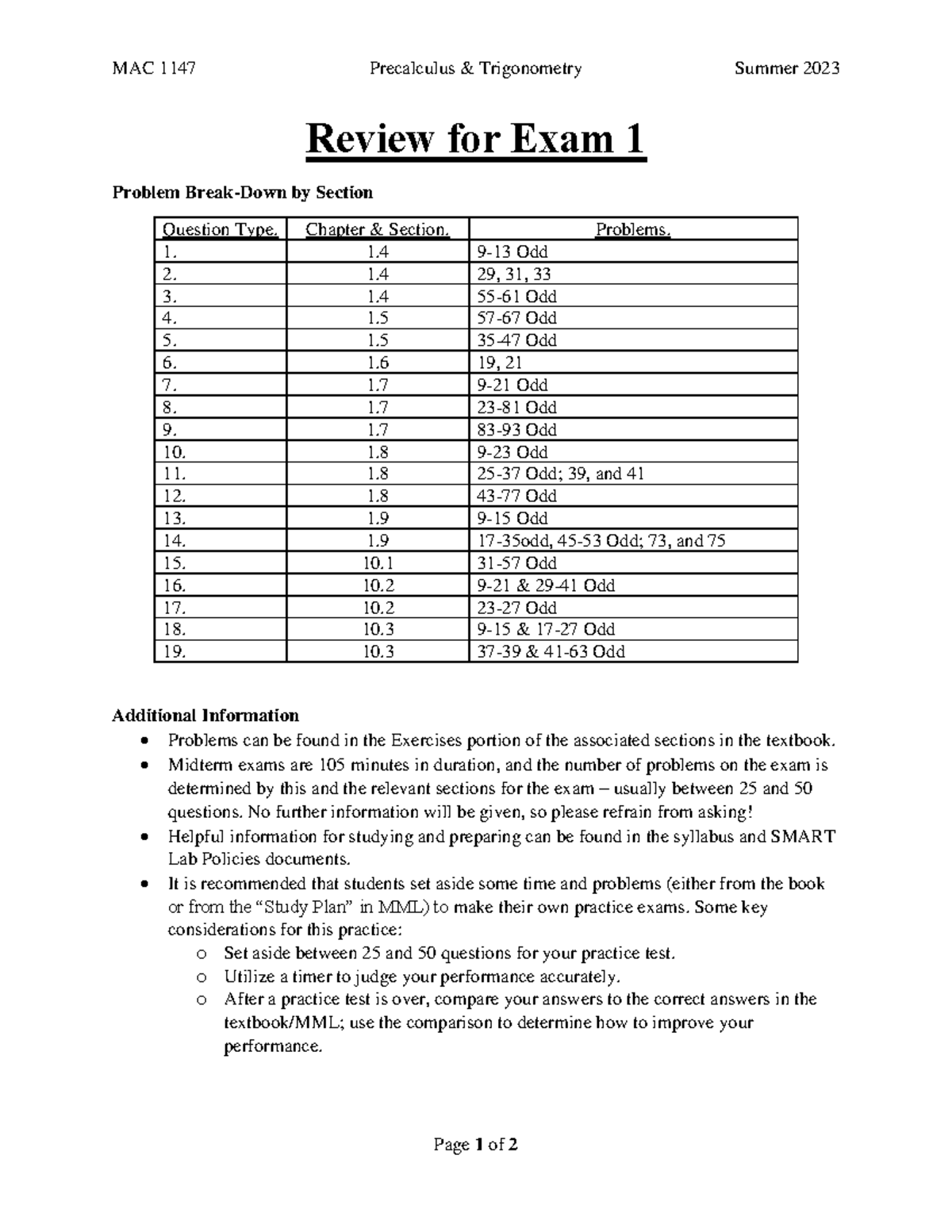 Precalc Exam 1 U23 Review Guidelines - MAC 1147 Precalculus ...