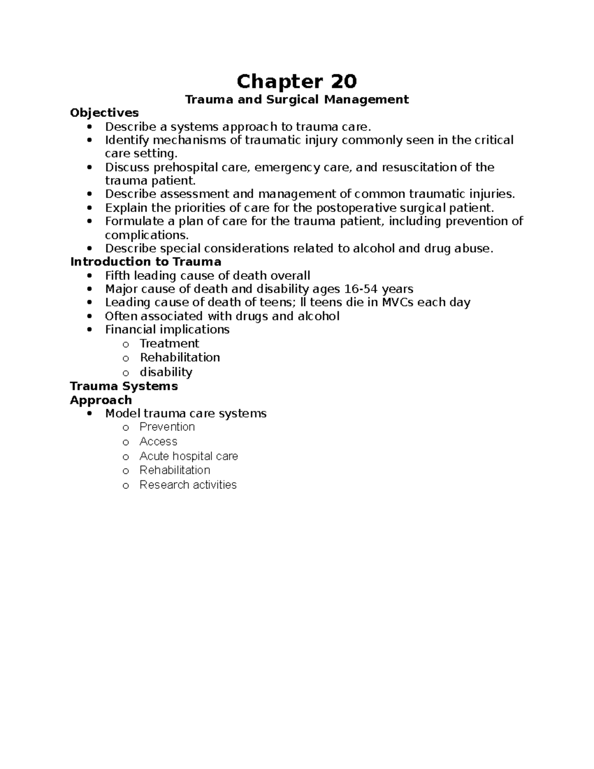 Chapter 20 Trauma Notes - Chapter 20 Trauma and Surgical Management ...