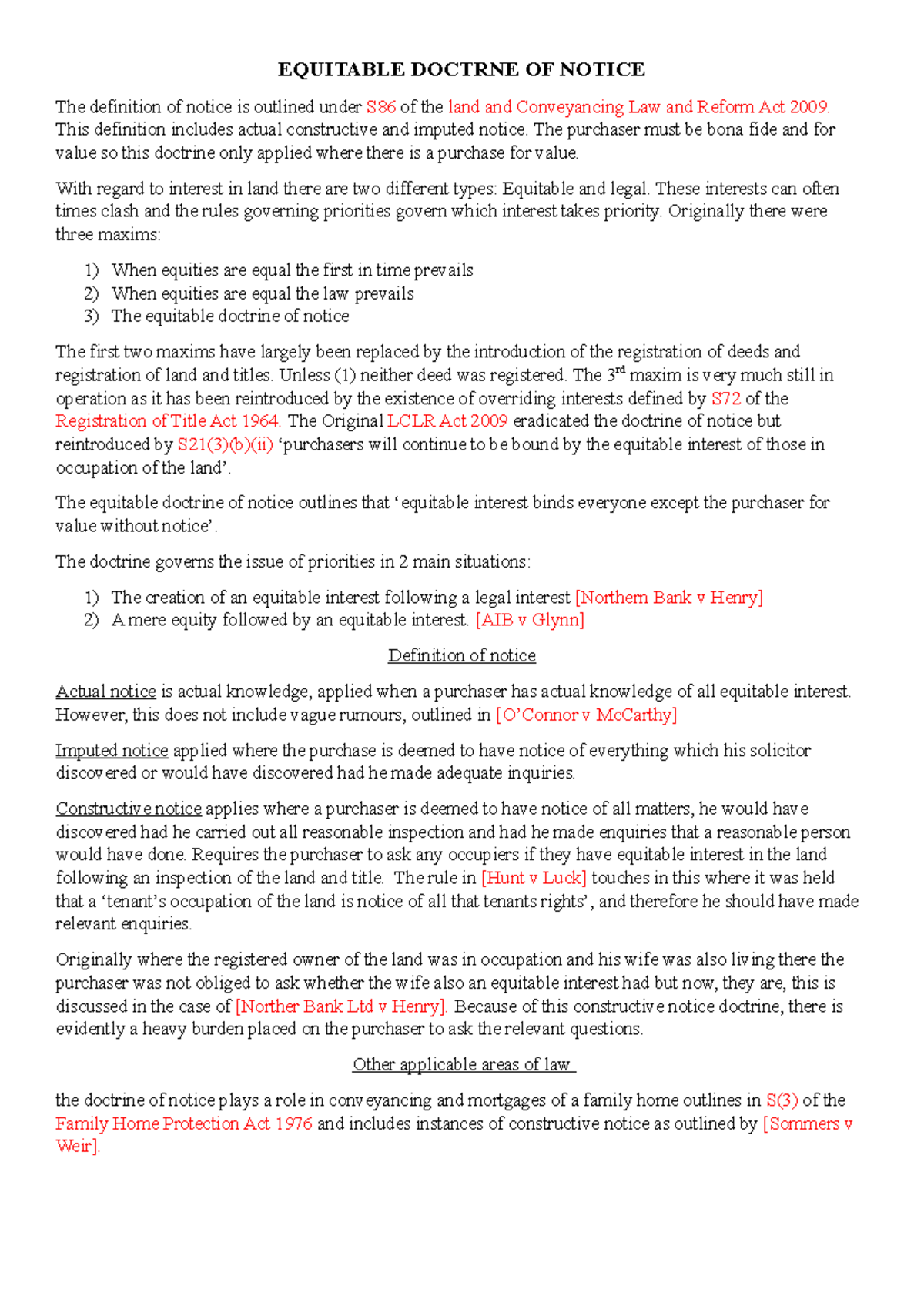 Equitable doctrine of notice - EQUITABLE DOCTRNE OF NOTICE The definition of notice is outlined ...