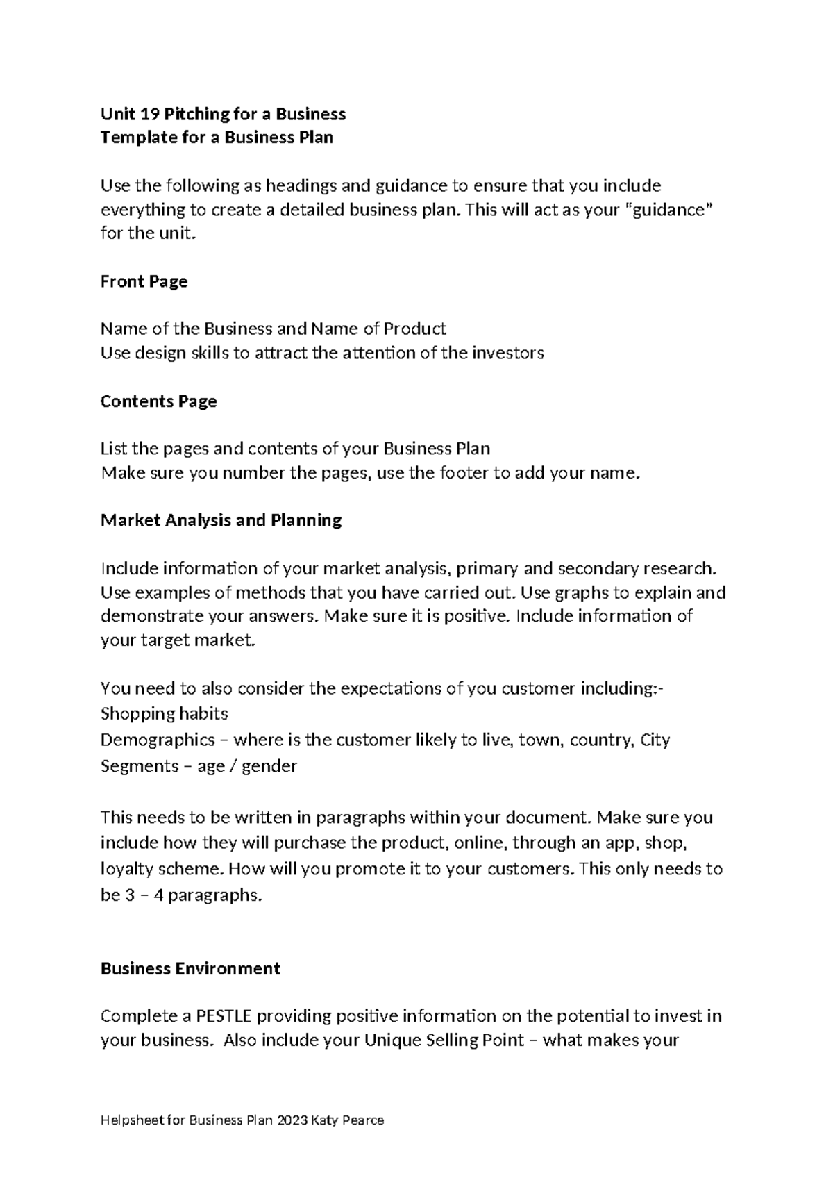 Helpsheet for business plan 2023 - Unit 19 Pitching for a Business ...