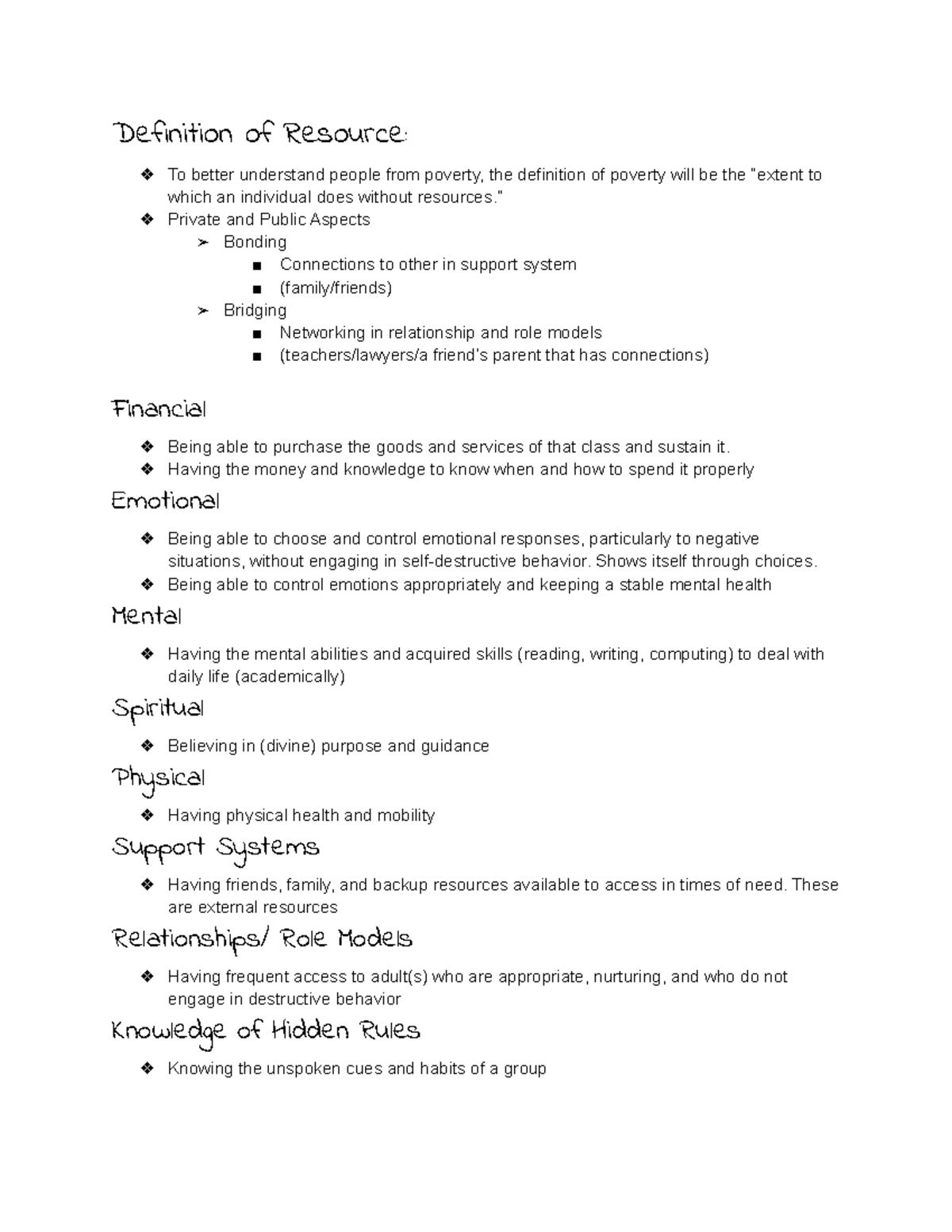 Resource notes - Definition of Resource: To better understand people ...