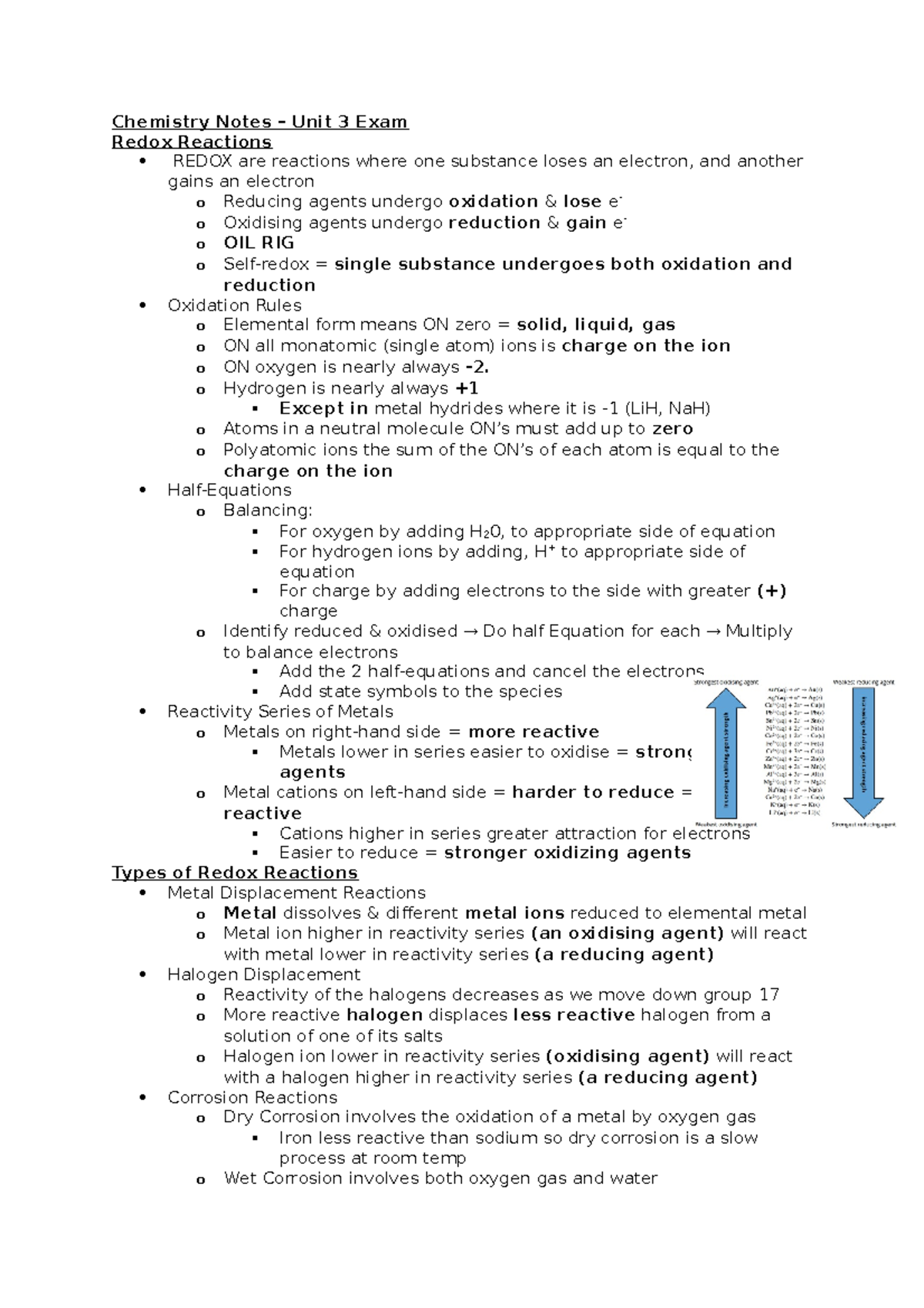 Chemistry Note – Unit 3 Exam - Chemistry Notes – Unit 3 Exam Redox ...