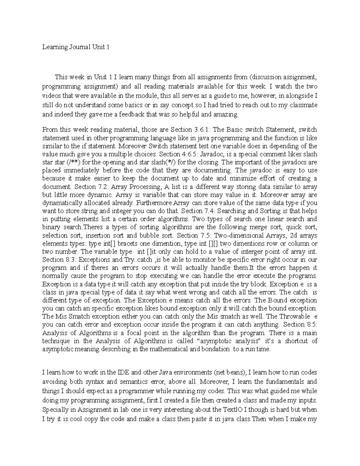 Learning Journal Unit 1 2 - I watch the two videos that were available ...