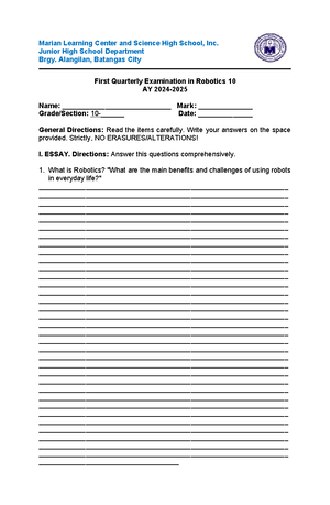 Robotics-10 - Performance Task - First Quarterly Examination in ...