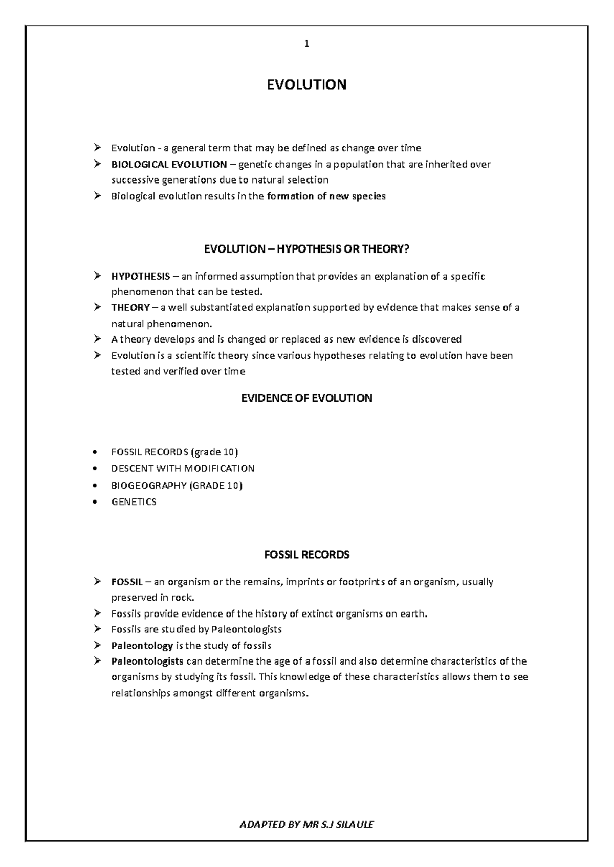 Evolution Notes - EVOLUTION Evolution - a general term that may be ...