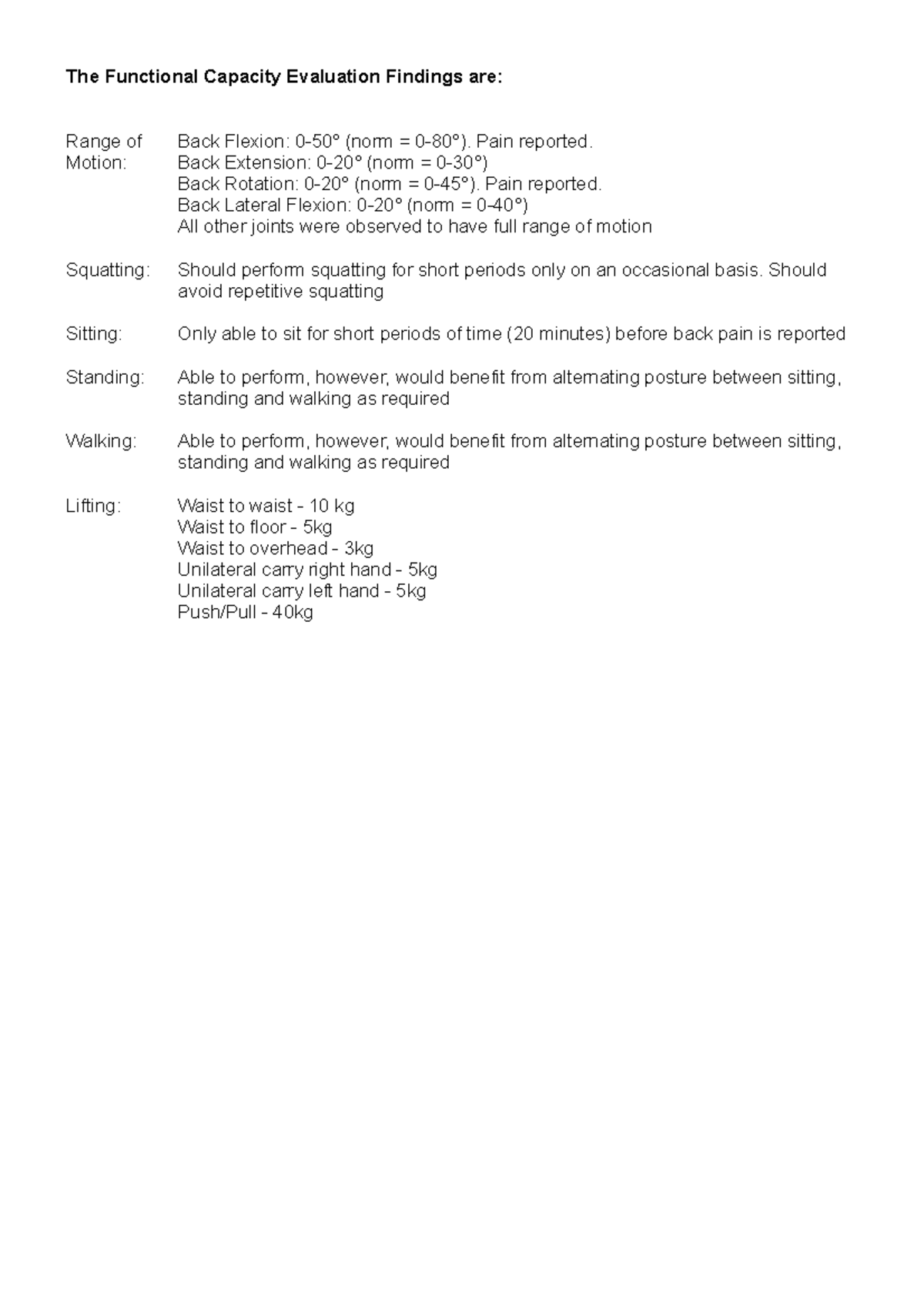 FCE Findings and Pre Injury Work Duties Handout - The Functional ...