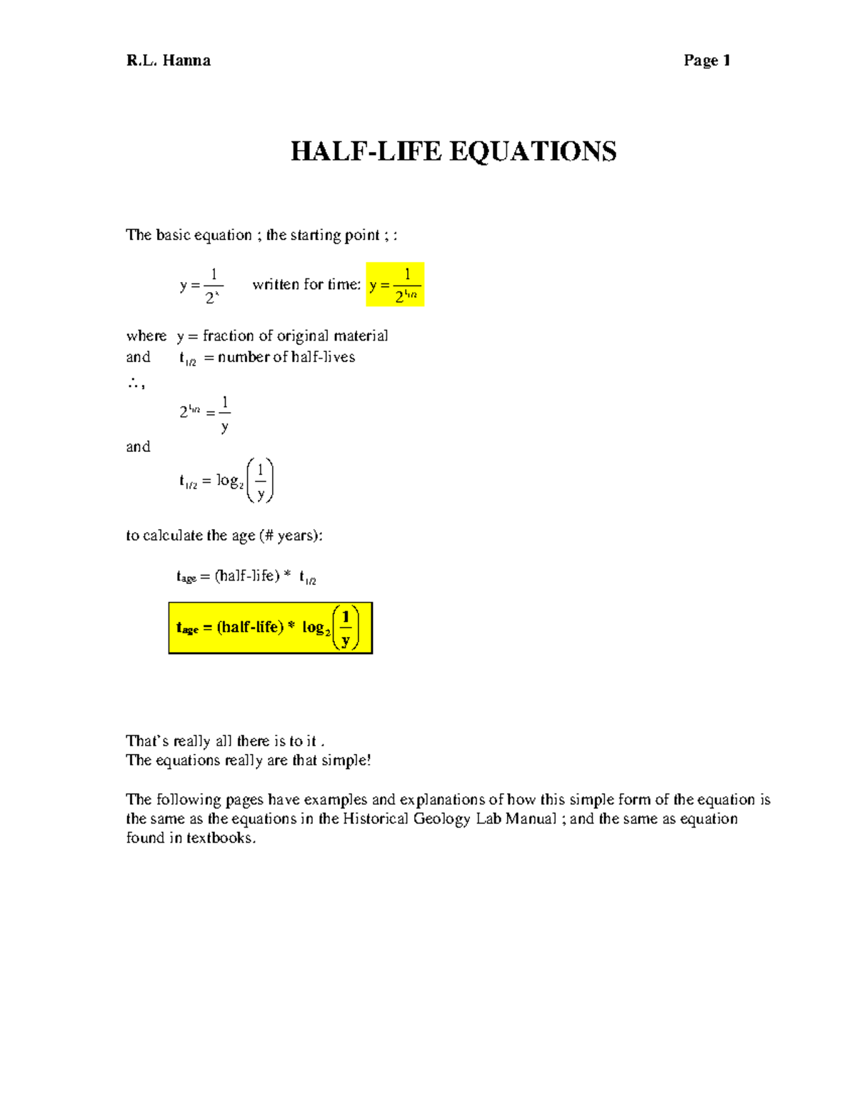 Half Life 1 - Summary physics - HALF-LIFE EQUATIONS The basic equation ...