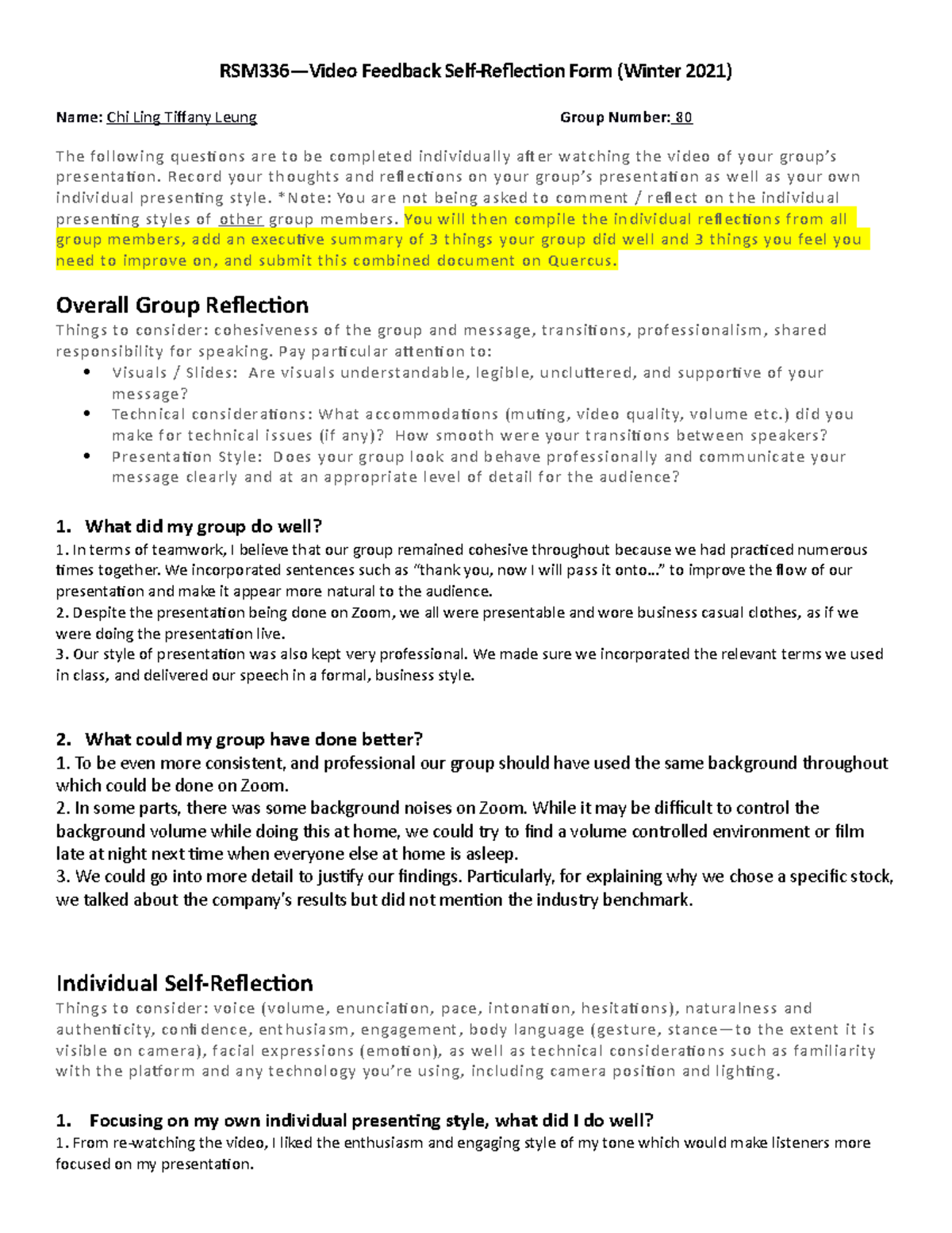 RSM336-Video Self-Reflection Form-Winter 2021 - RSM336—Video Feedback ...