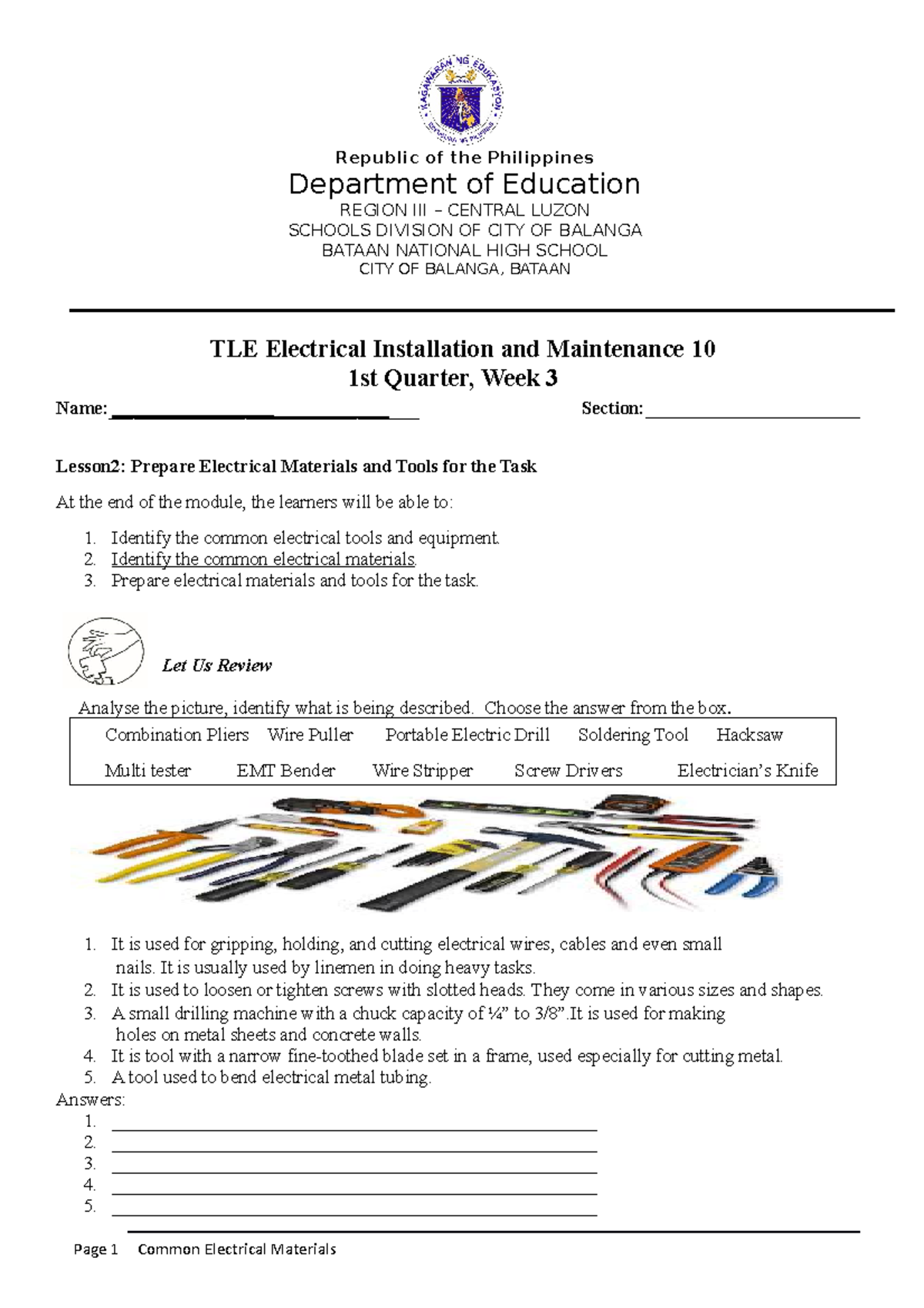 EIM-10-Wk3-1st-Grading - TLE Electrical Installation and Maintenance 10 1st Quarter, Week 3 ...