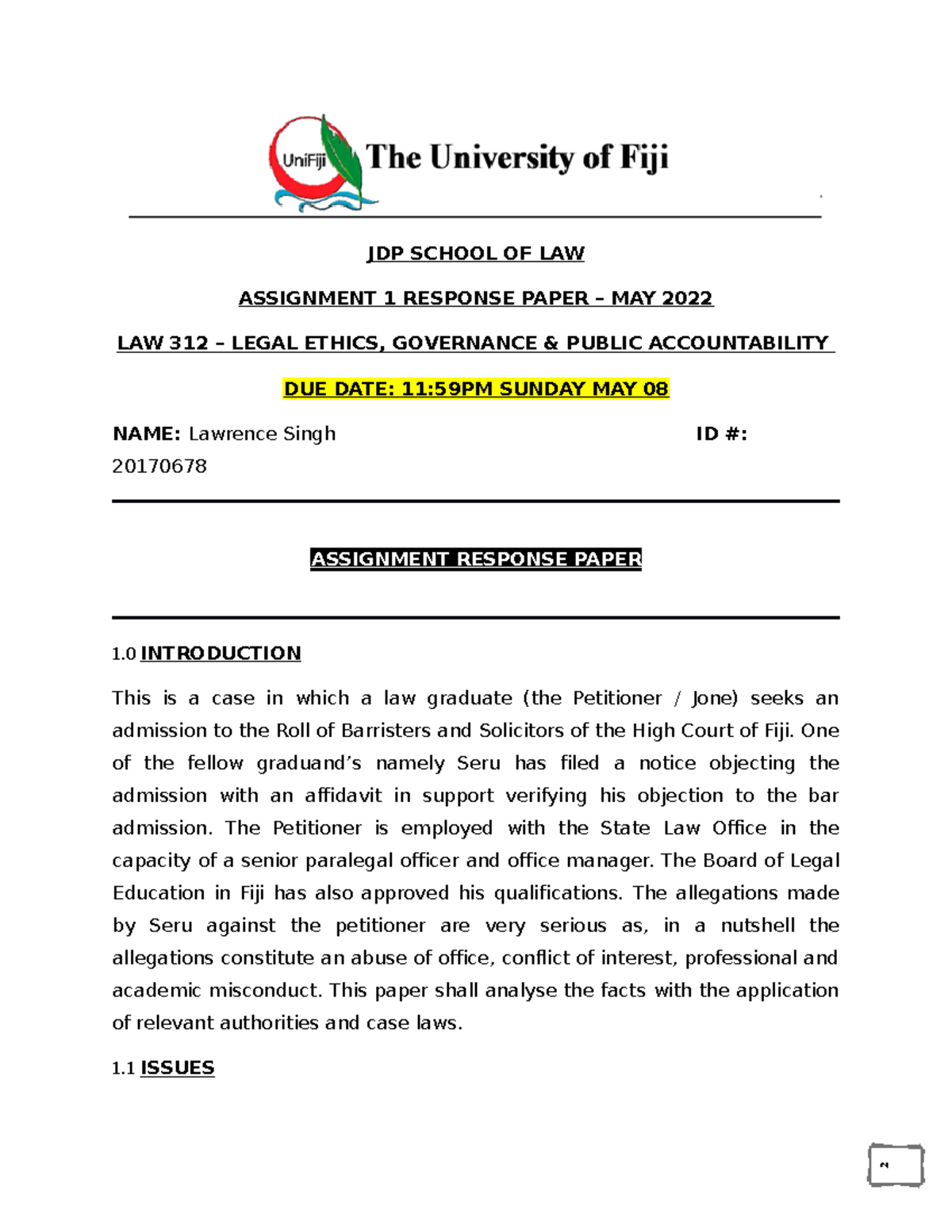 LAW 312 Assignment 1 Submission - Lawrence Singh - 2017 0678 - JDP ...