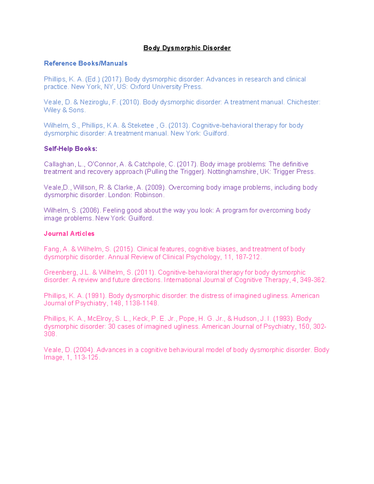 Clinical Psychology 2 - CBT for BDD Readings - Body Dysmorphic Disorder ...