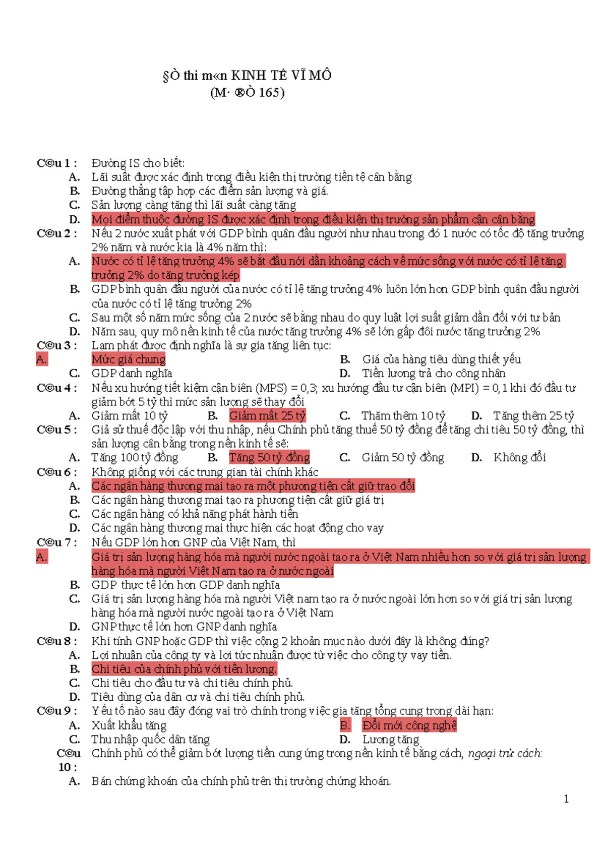 165 - dffghjkj - §Ò thi m«n KINH T VĨ MÔẾ (M· ®Ò 165) C©u 1 : Đ ng IS cho bi t:ườ ế A. Lãi su t ...