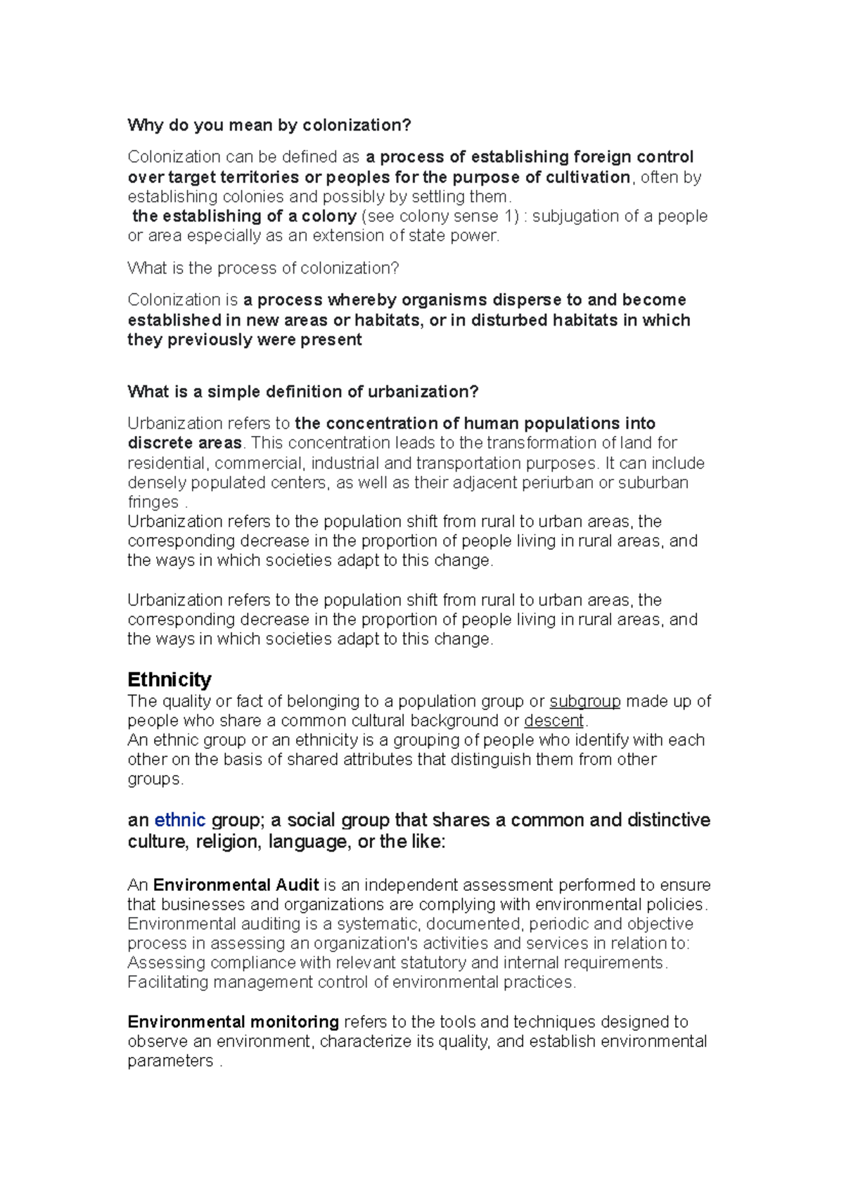 Definition of Ehtnography Terms - Why do you mean by colonization ...