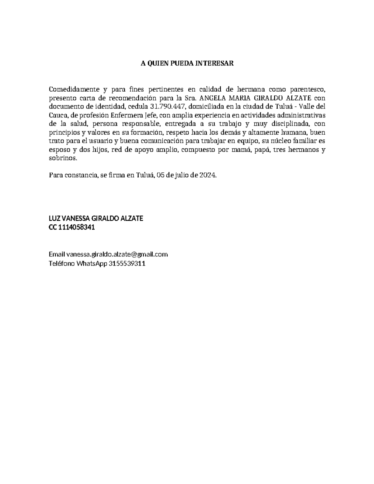 Recomendacion Angela - Carta - A QUIEN PUEDA INTERESAR Comedidamente y ...