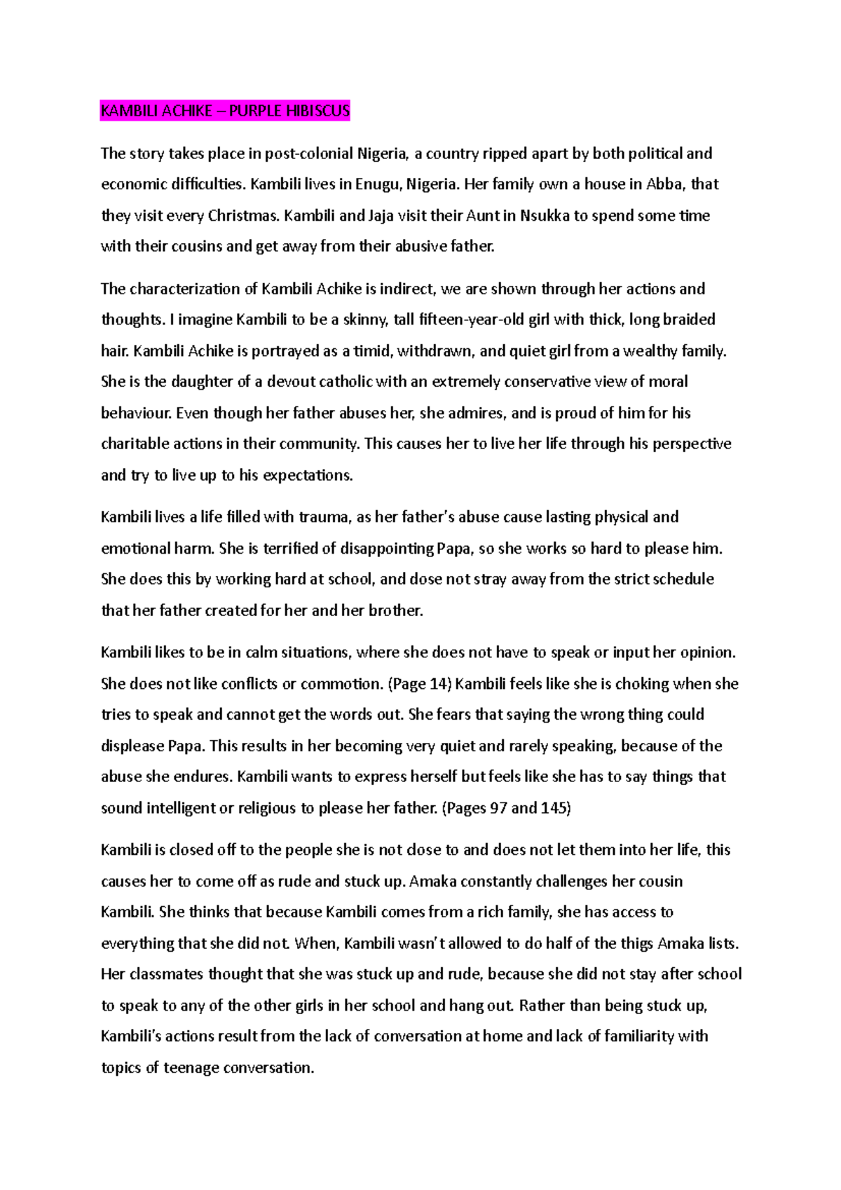 Character analysis in Literary Analysis - Purple Hibiscus 2021 VG2 (bra ...