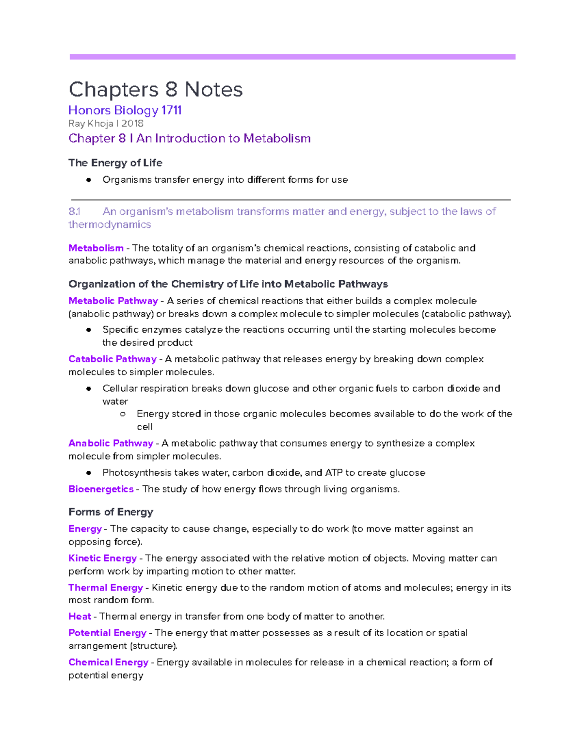 Chapter 8 - An Introduction to Metabolism - Chapters 8 Notes Honors ...