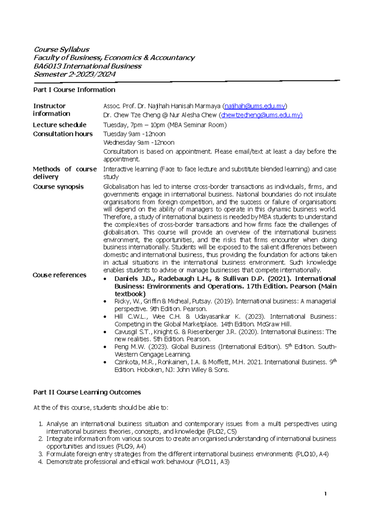BA6013 International Business Course Syllabus SEM 2 - Course Syllabus ...