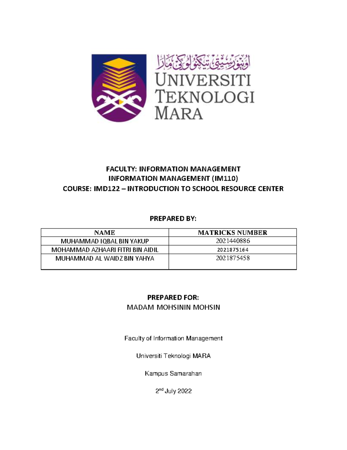 IMD122 Groupassignment 2022 - FACULTY: INFORMATION MANAGEMENT ...
