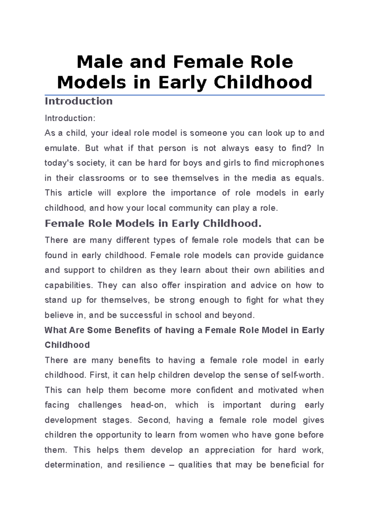 Male and Female Role Models in Early Childhood - Male and Female Role ...