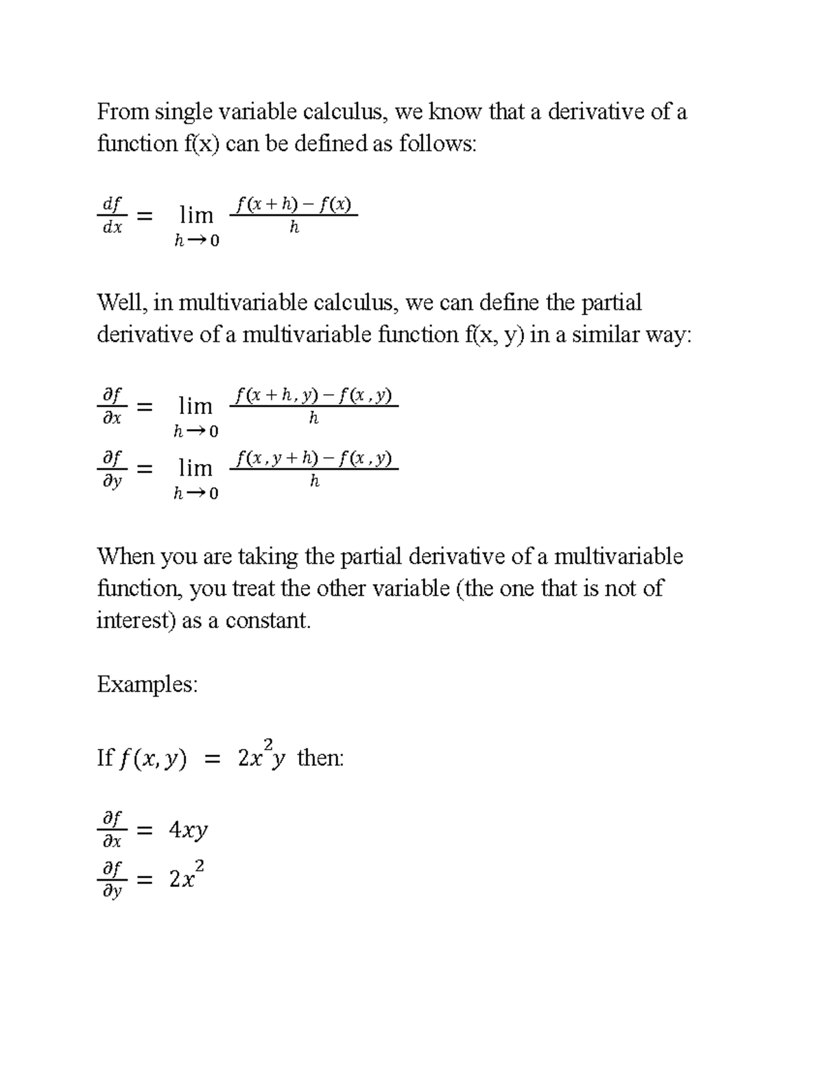 Partial Derivatives - From single variable calculus, we know that a ...