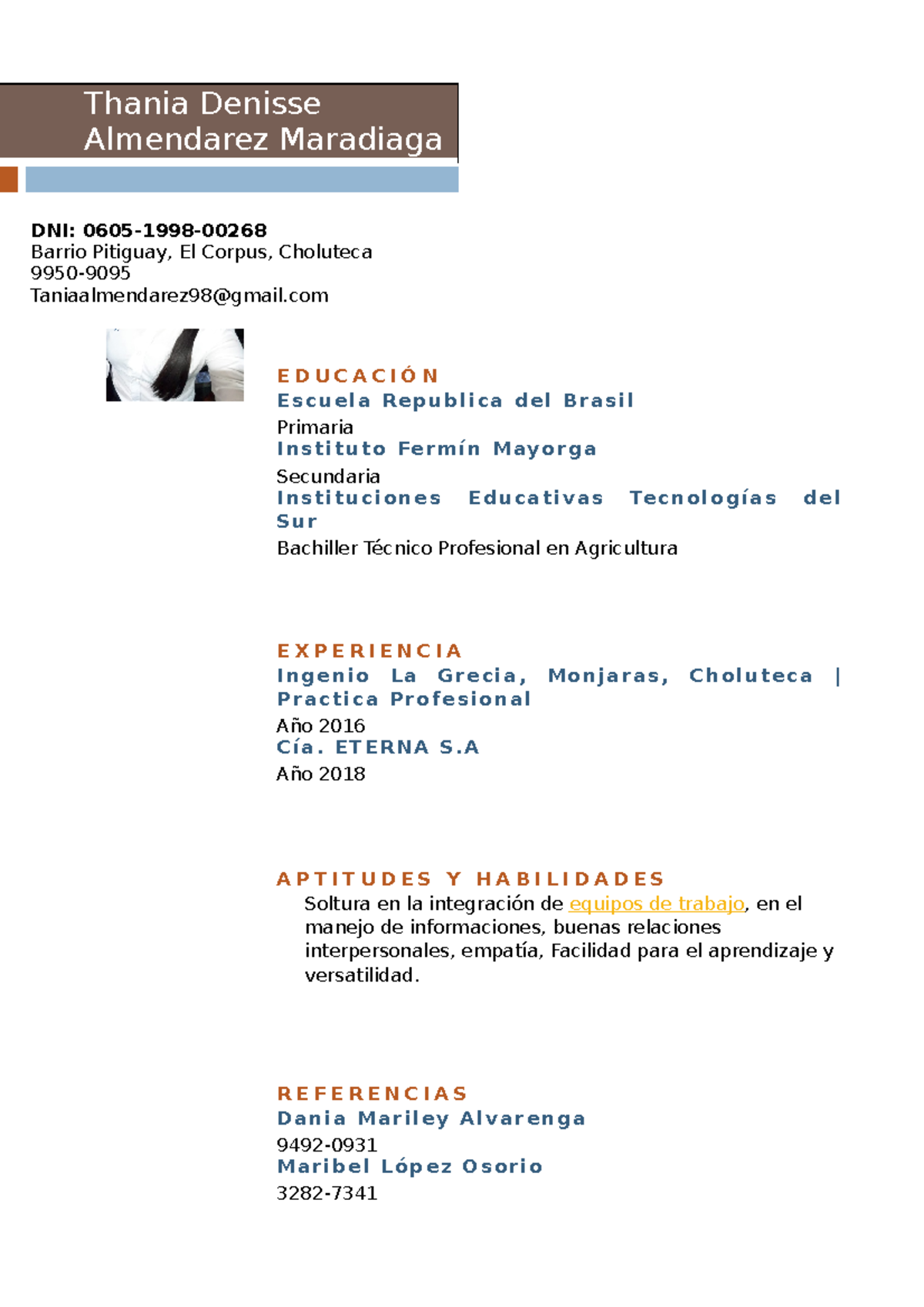 Curriculum Vitae Tania - Thania Denisse Almendarez Maradiaga DNI: 0605 ...