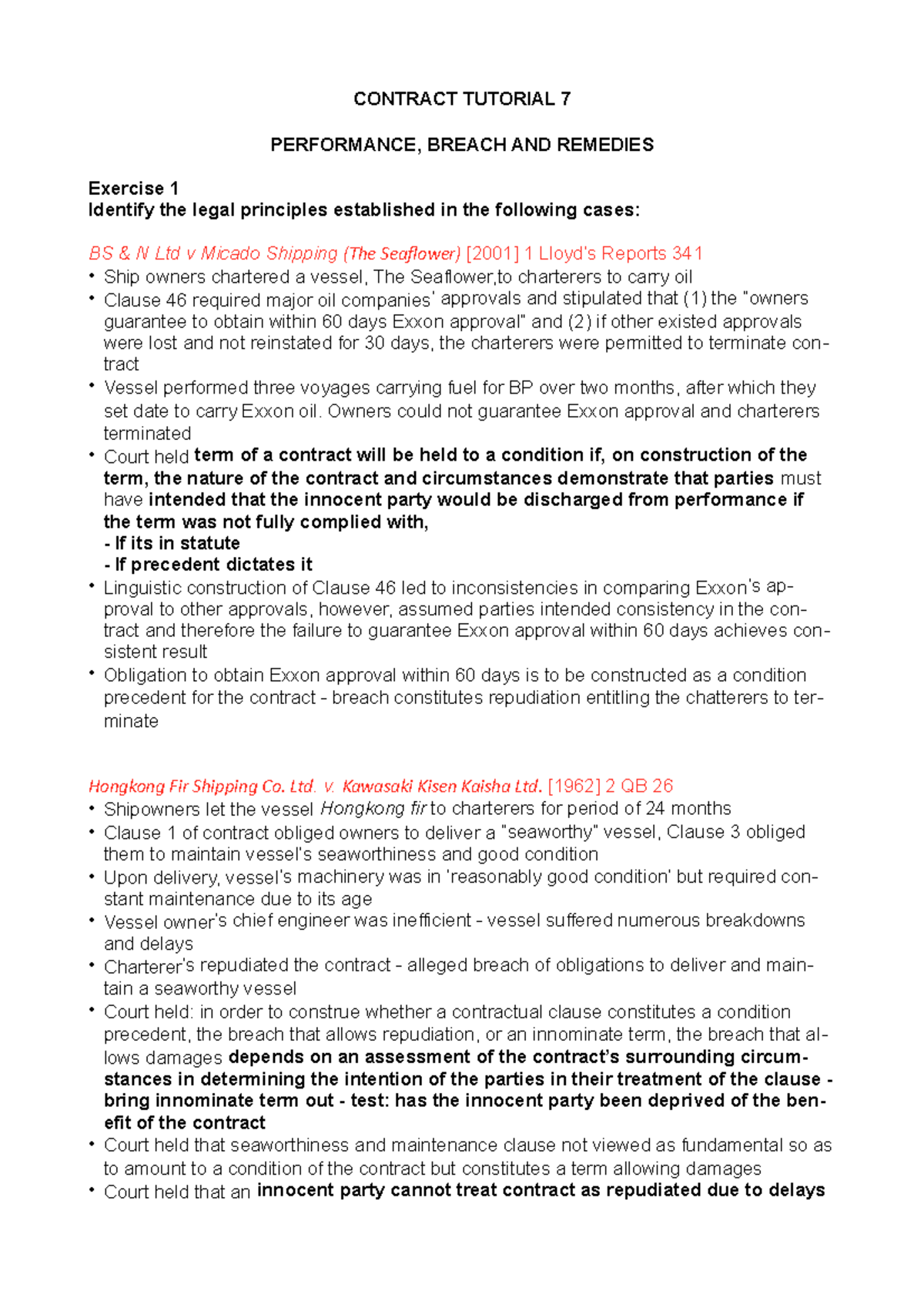 Contract Law: Tutorial 7 Performance, Breaches & Remedies - PgDip - Cardiff - Studocu