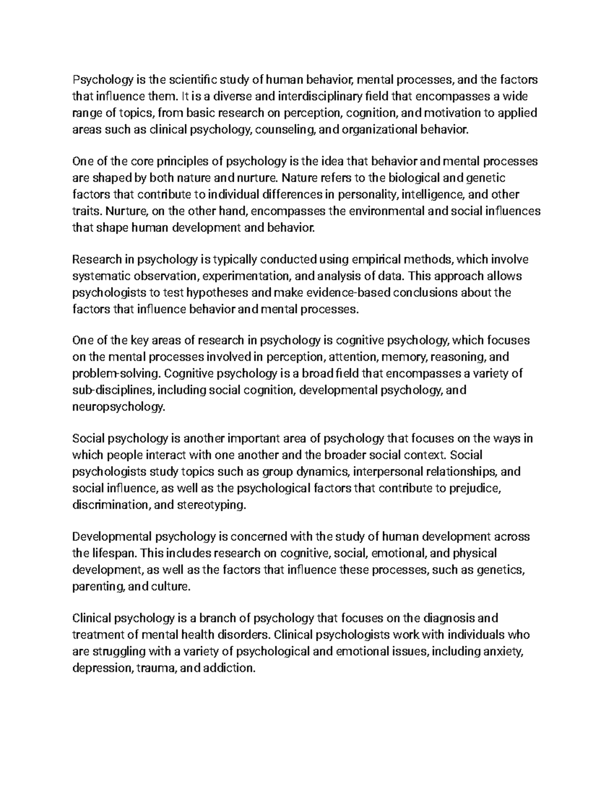 Studoc 6 - Essay - Psychology is the scientific study of human behavior, mental processes, and ...